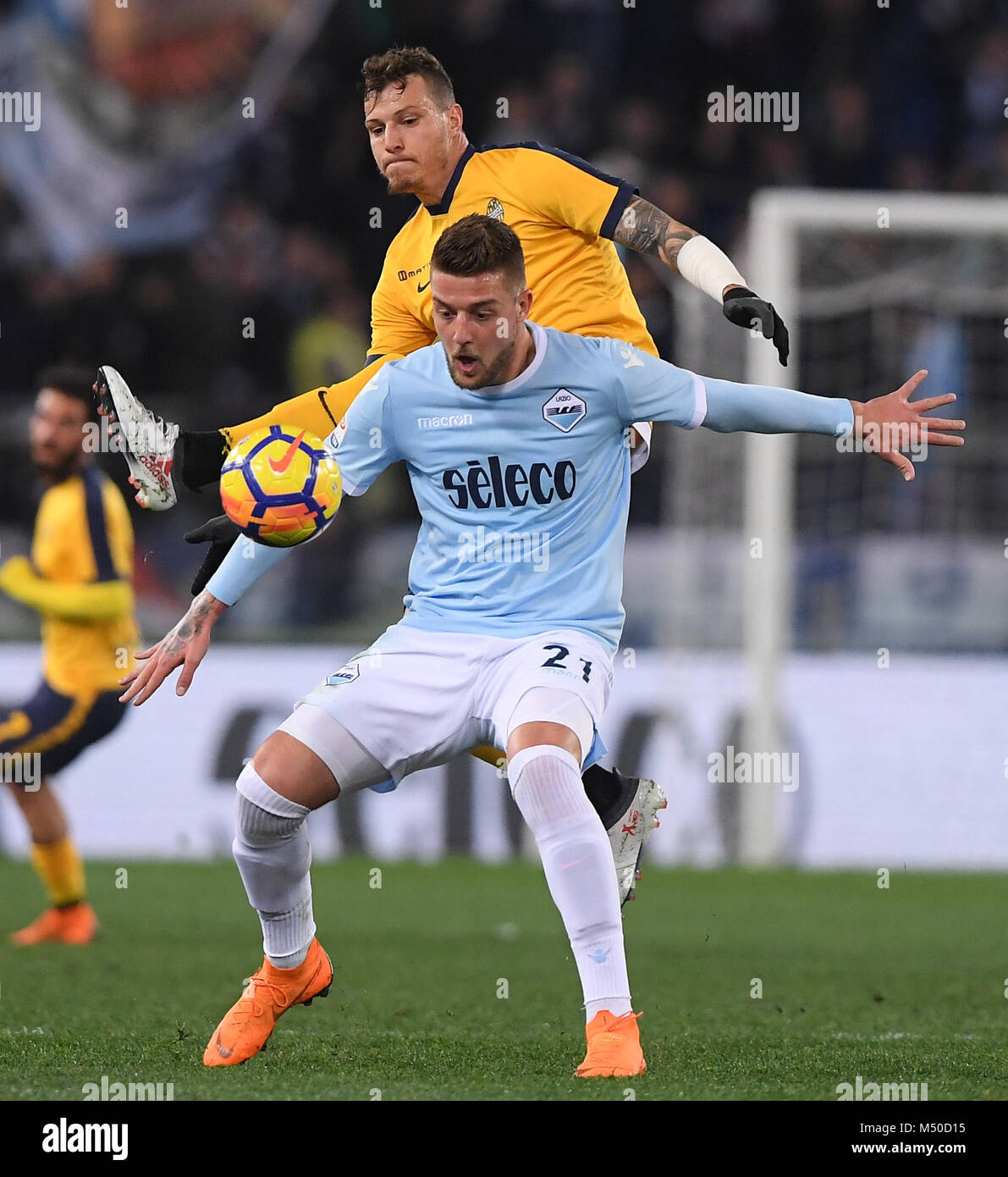 Rome, Italy. 19th Feb, 2018. Verona's Marcel Buchel(back) competes with ...