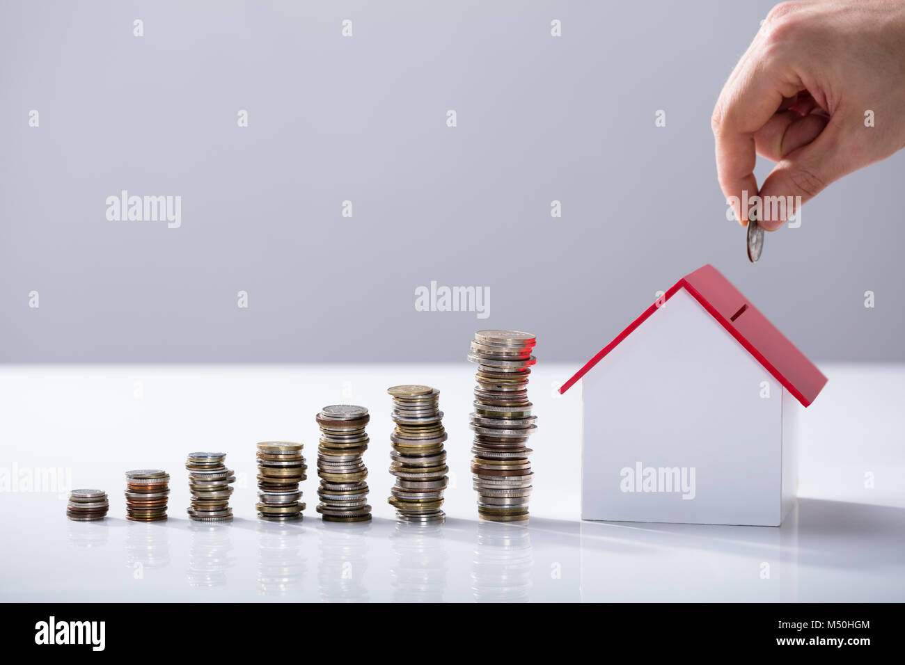 Person's Hand Inserting Coin In The House Model With Increasing Coins ...