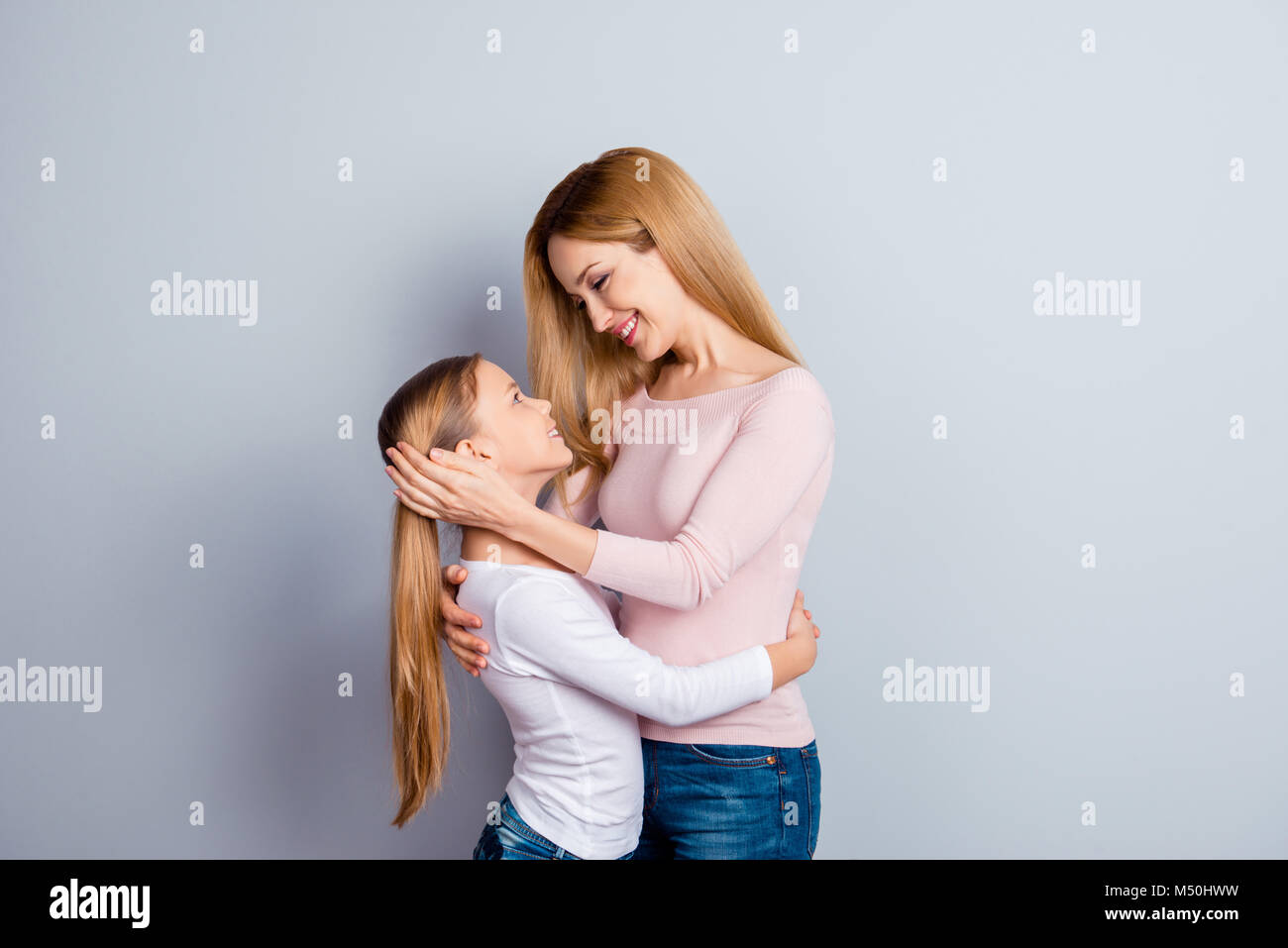 Close growing-up funtime people concept. Side profile half-faced view ...