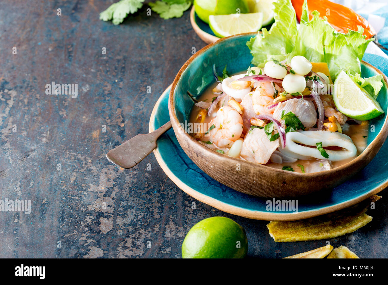 PERUVIAN CEVICHE SEBICHE. Peruvian seafood and fish sebiche with maize ...
