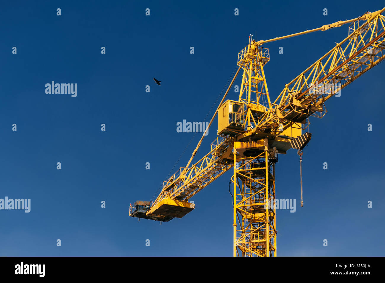 Construction crane tower and flying bird on background of blue sky ...