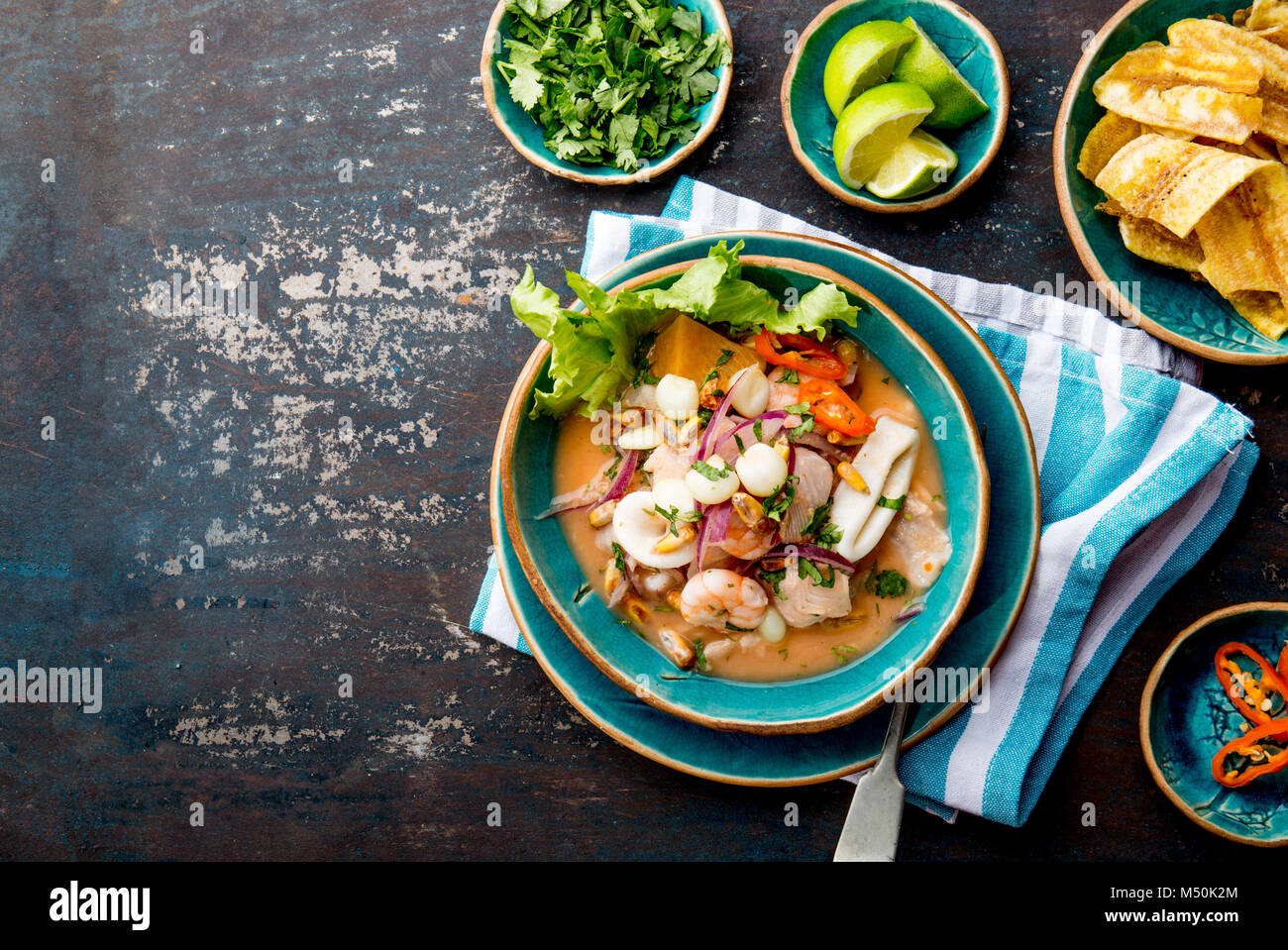 PERUVIAN CEVICHE SEBICHE. Peruvian seafood and fish sebiche with maize ...