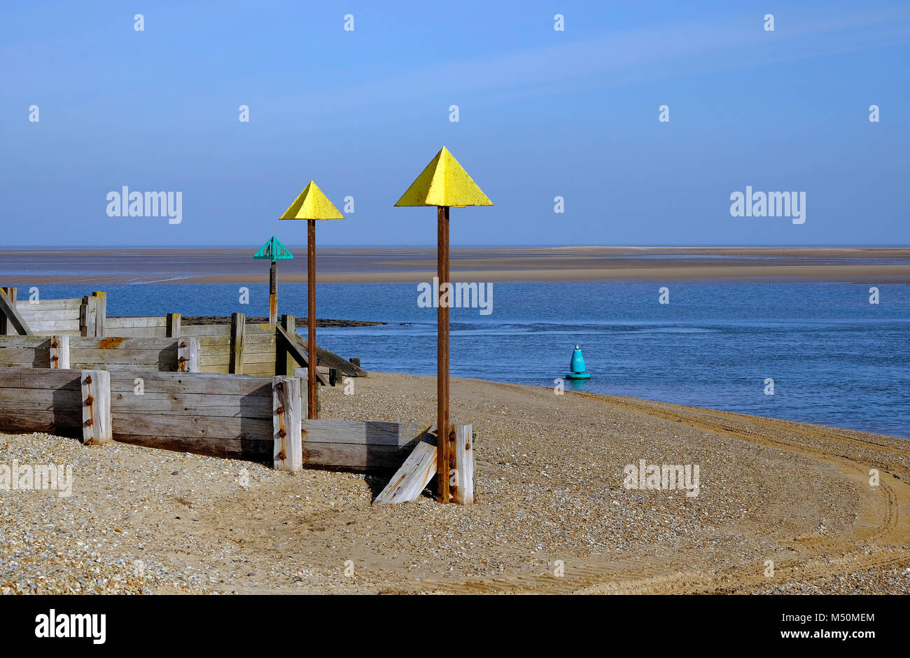 timber groynes and metal markers at wells-next-the-sea, north norfolk ...