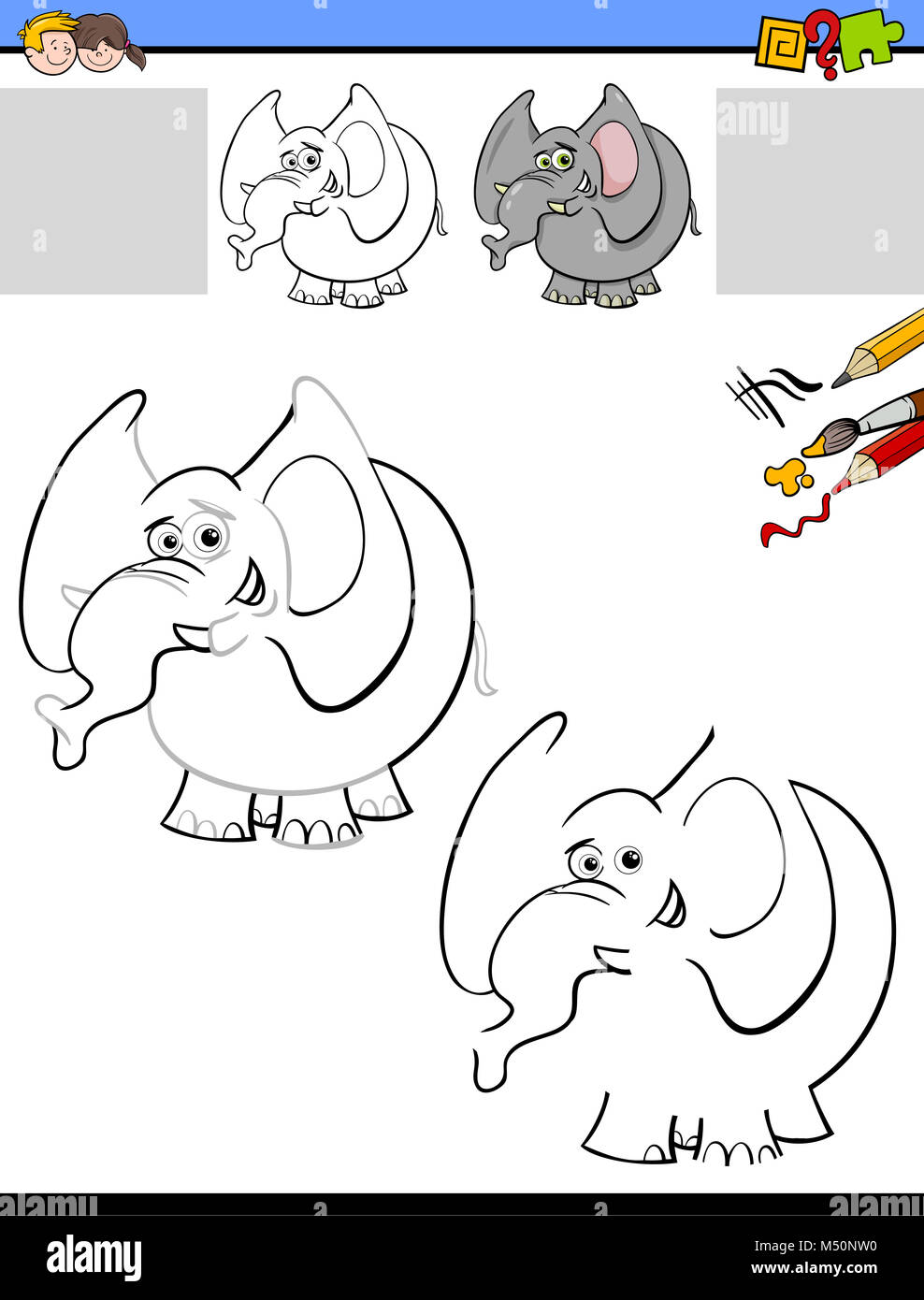drawing and coloring worksheet with elephant Stock Photo - Alamy