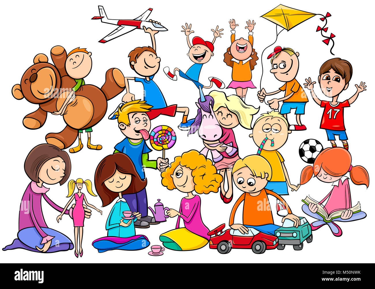children group playing with toys cartoon Stock Photo - Alamy