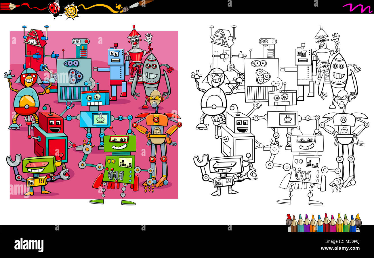 robot characters group coloring book Stock Photo - Alamy