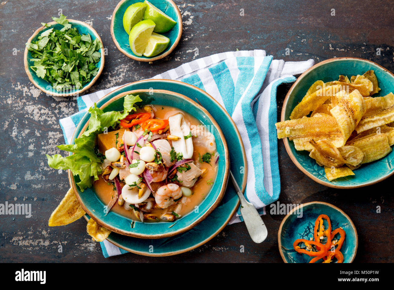 PERUVIAN CEVICHE SEBICHE. Peruvian seafood and fish sebiche with maize ...