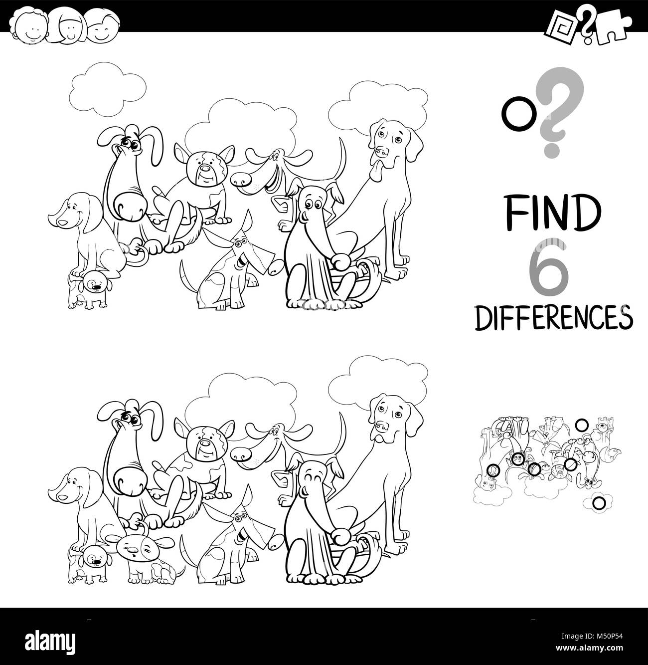 Black and White Cartoon Illustration of Find and Spot Six Differences ...