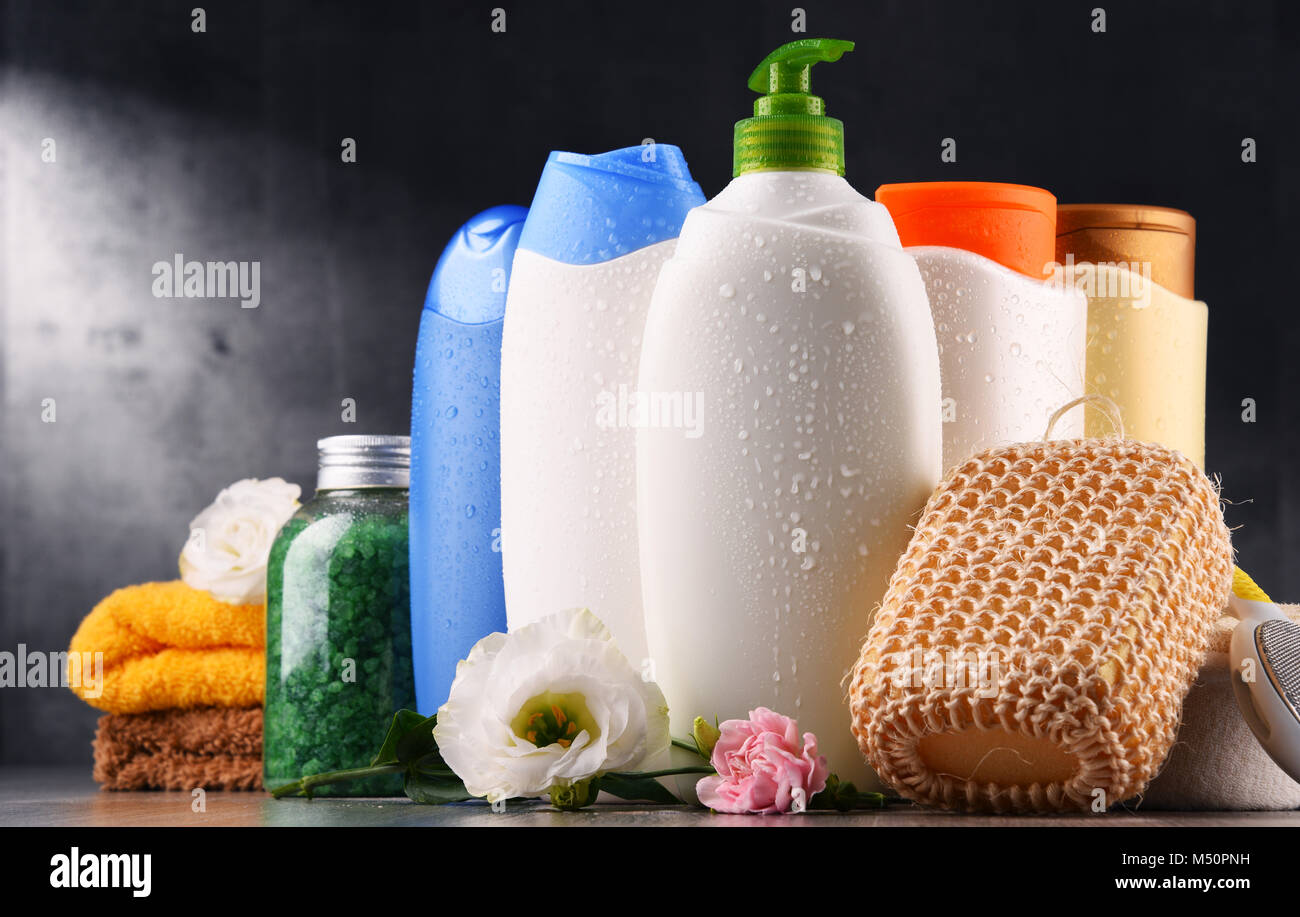 Plastic bottles of body care and beauty products Stock Photo - Alamy