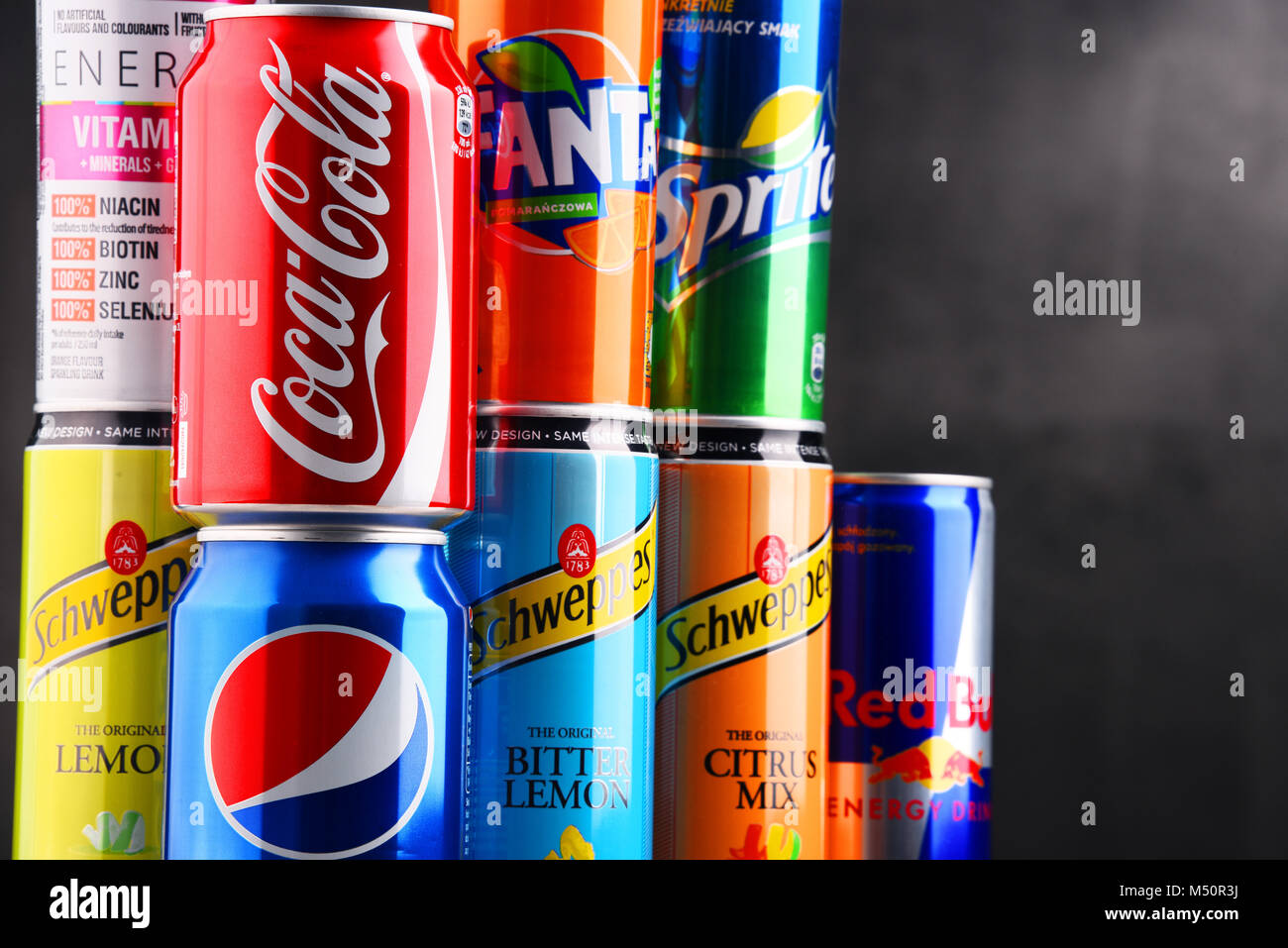 Cans of assorted global soft drinks Stock Photo - Alamy