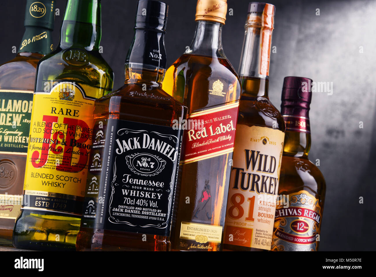 Bottles of global whiskey brands Stock Photo - Alamy