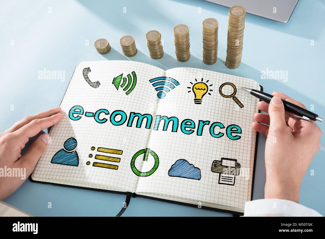Woman Drawing Ecommerce Online Shopping Concept In Notepad Stock Photo ...