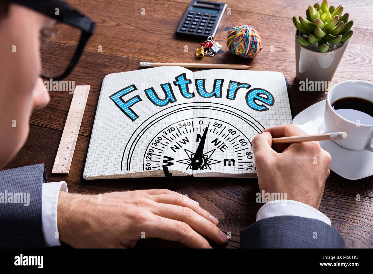 Man Drawing Future And Compass Guidance Concept Stock Photo - Alamy