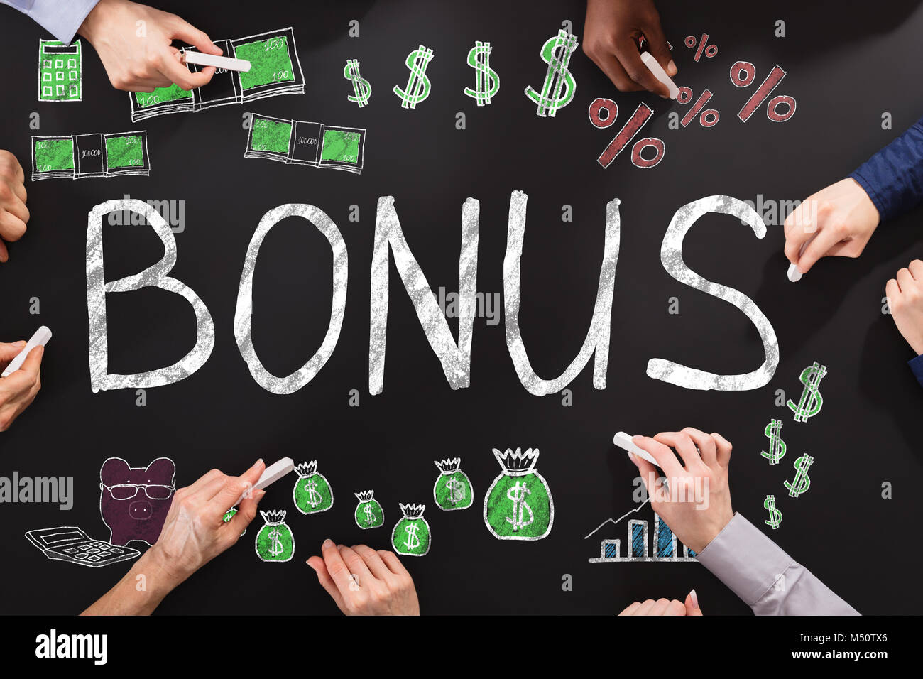 Hands Drawing Bonus And Employee Compensation Concept Stock Photo - Alamy