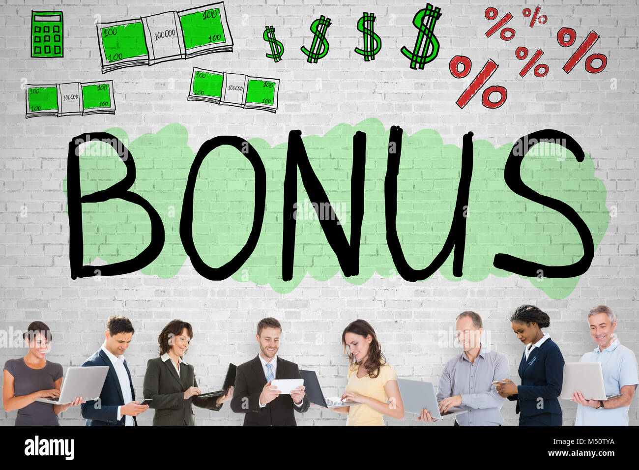 Group Of Diverse People Standing In Front Of Bonus Word Stock Photo - Alamy