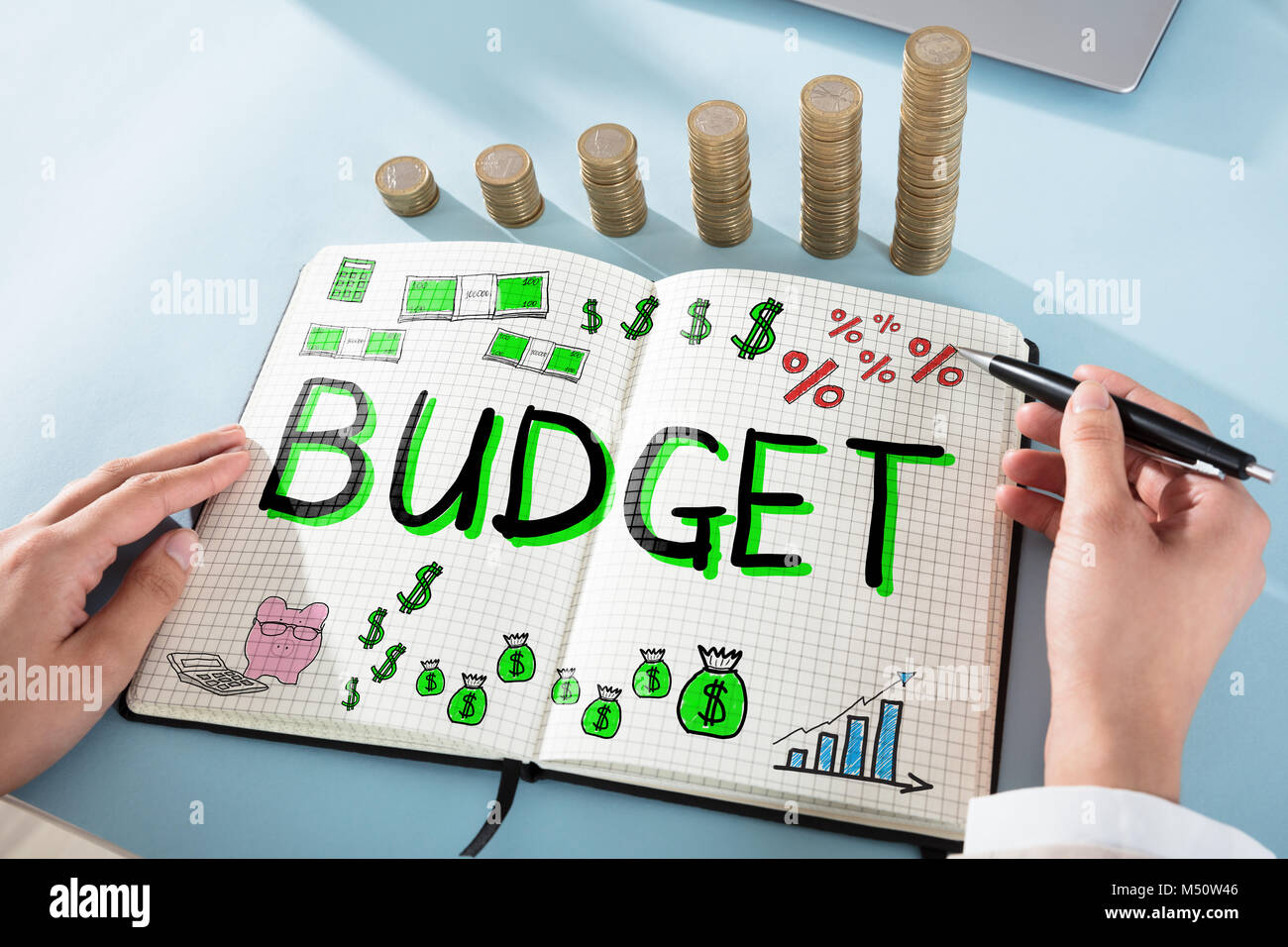 Woman Drawing Budget Word In Notepad At Desk Stock Photo - Alamy