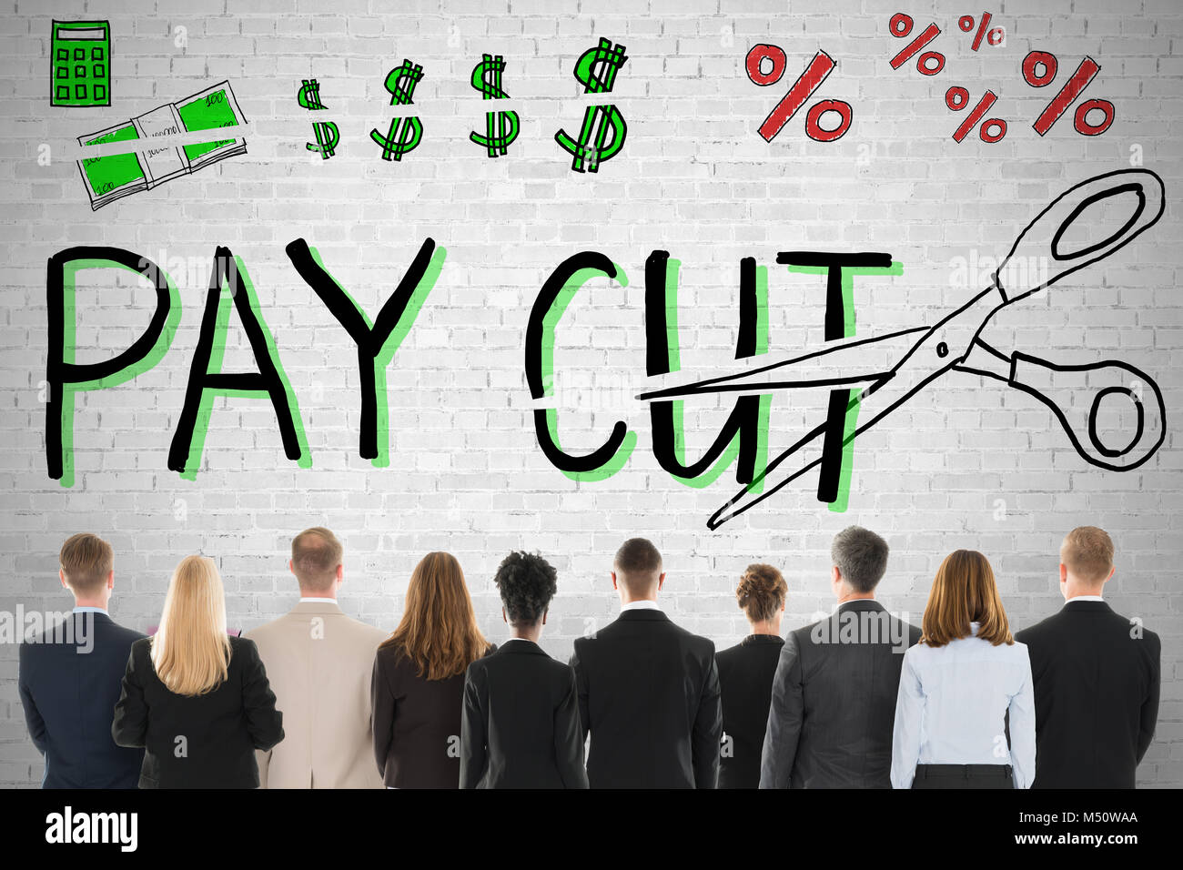 Group Of People Looking At Salary Paycut Stock Photo - Alamy