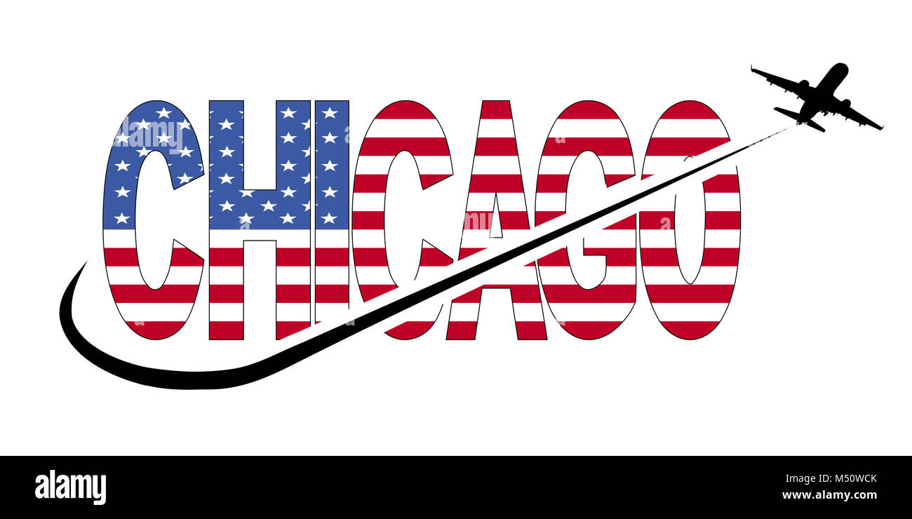 Chicago flag text with plane silhouette and swoosh illustration Stock ...