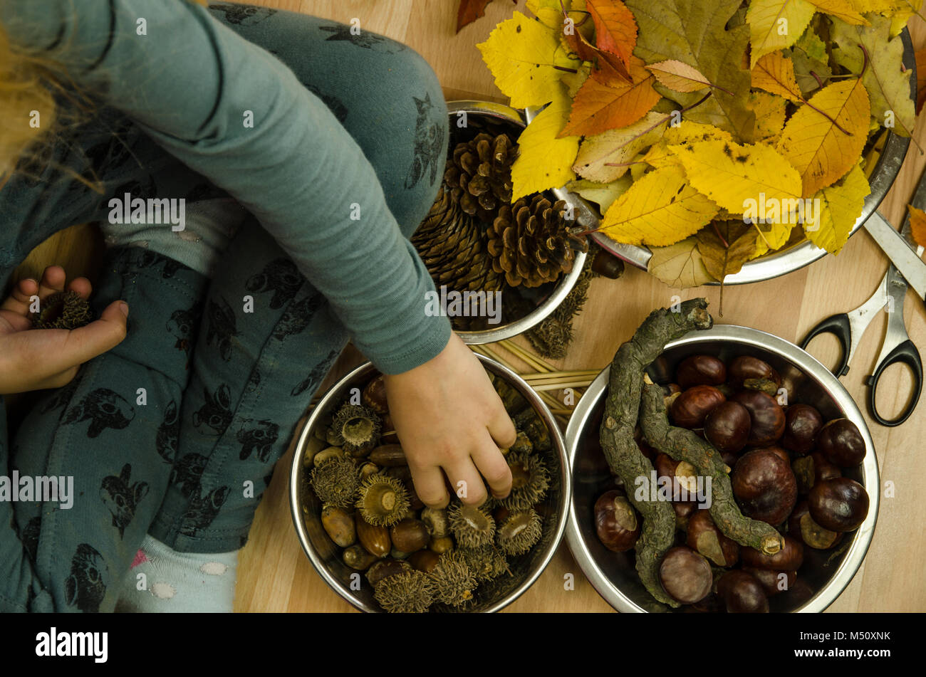 active kid with autumn craftsmaship activities and hobbies Stock Photo ...