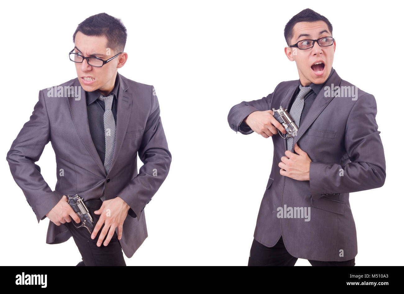 Funny businessman with gun on white Stock Photo - Alamy