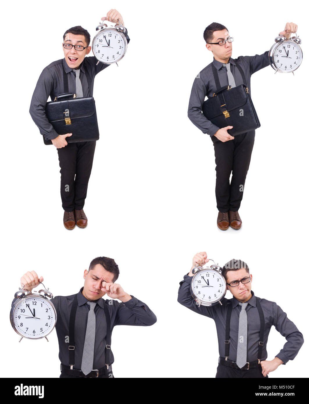 Funny businessman with clock isolated on white Stock Photo - Alamy