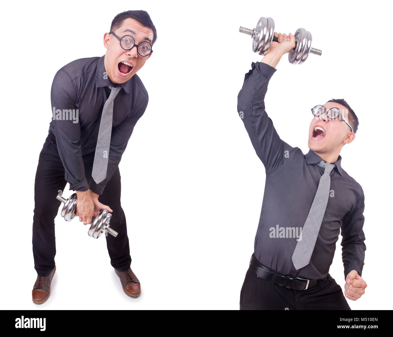 Funny businessman with dumbbells isolated on white Stock Photo - Alamy