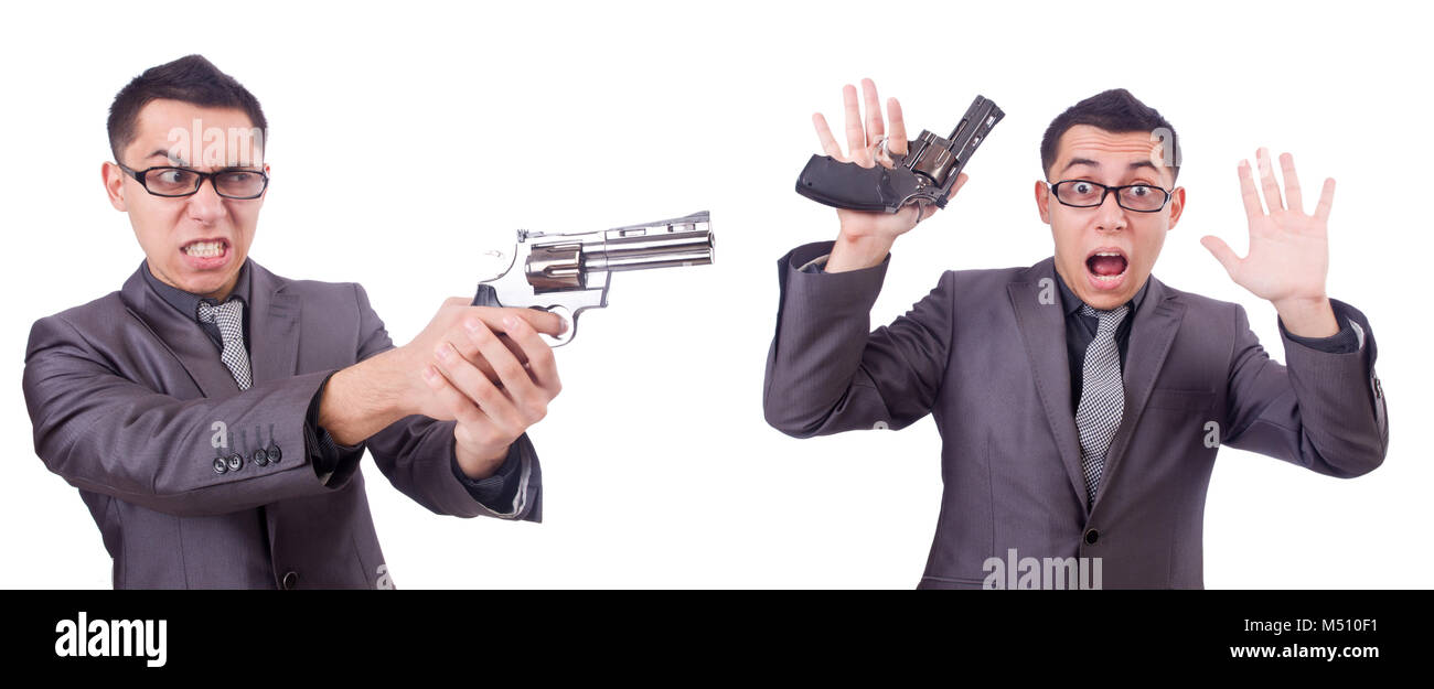 Funny businessman with gun on white Stock Photo - Alamy