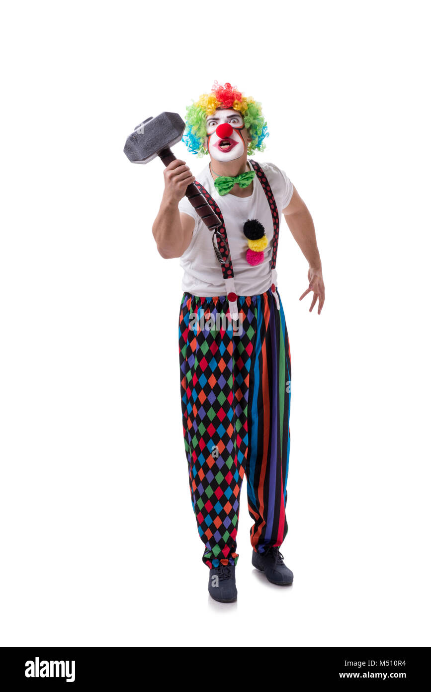 Funny clown with a hammer isolated on white background Stock Photo - Alamy