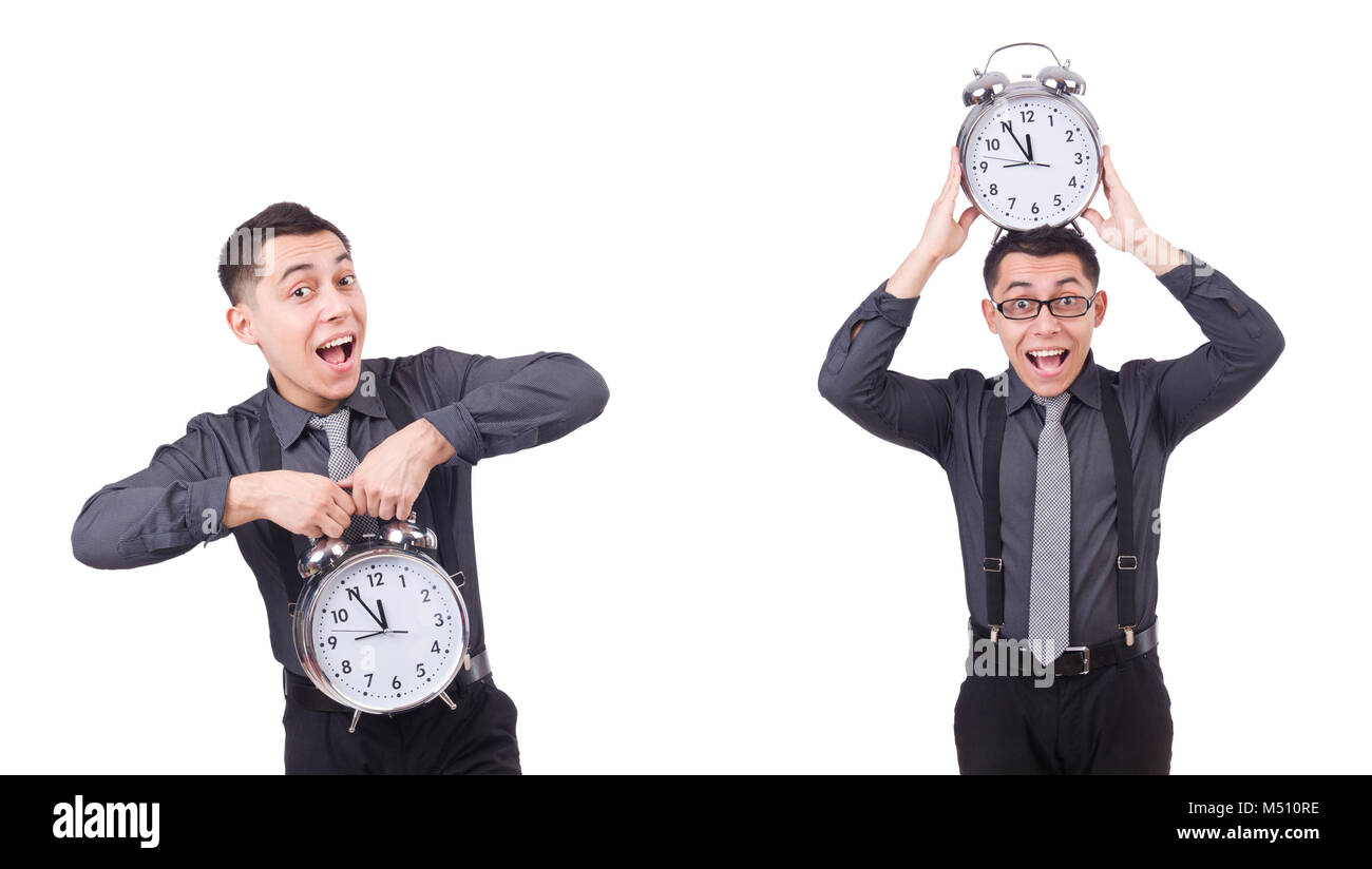 Funny businessman with clock isolated on white Stock Photo - Alamy