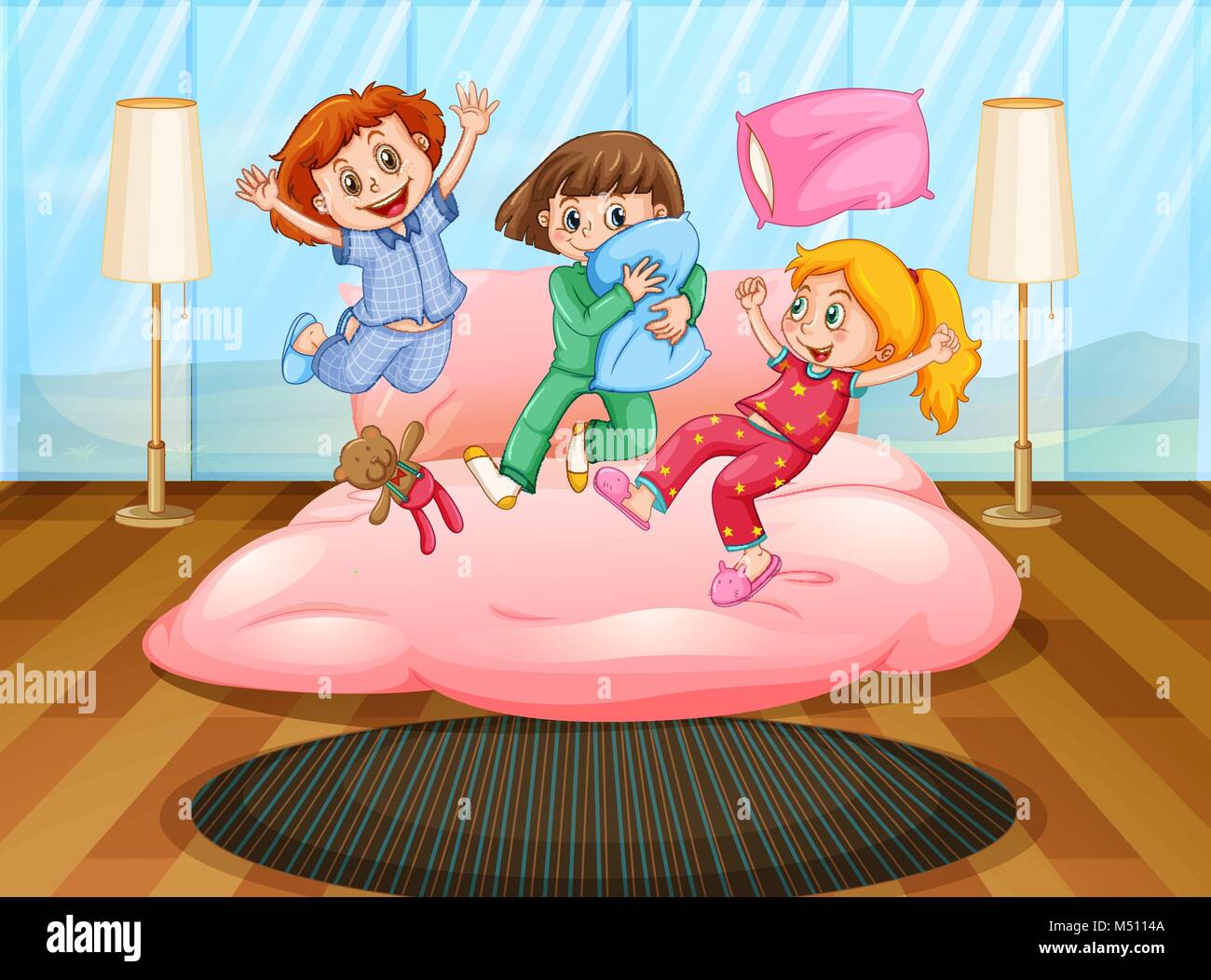 Three girls playing at slumber party illustration Stock Vector Image ...