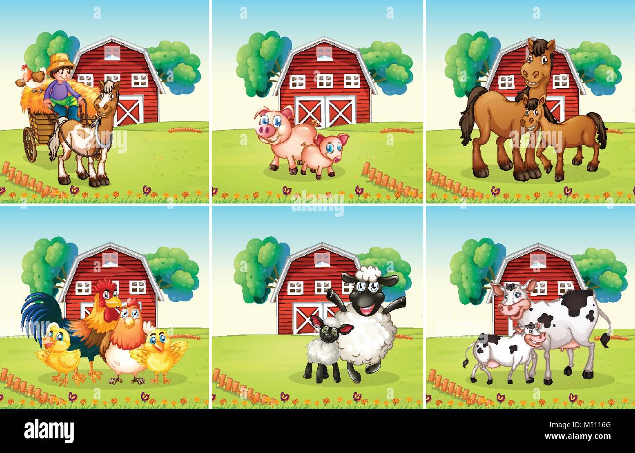 Six scenes with animals on the farm illustration Stock Vector Image ...