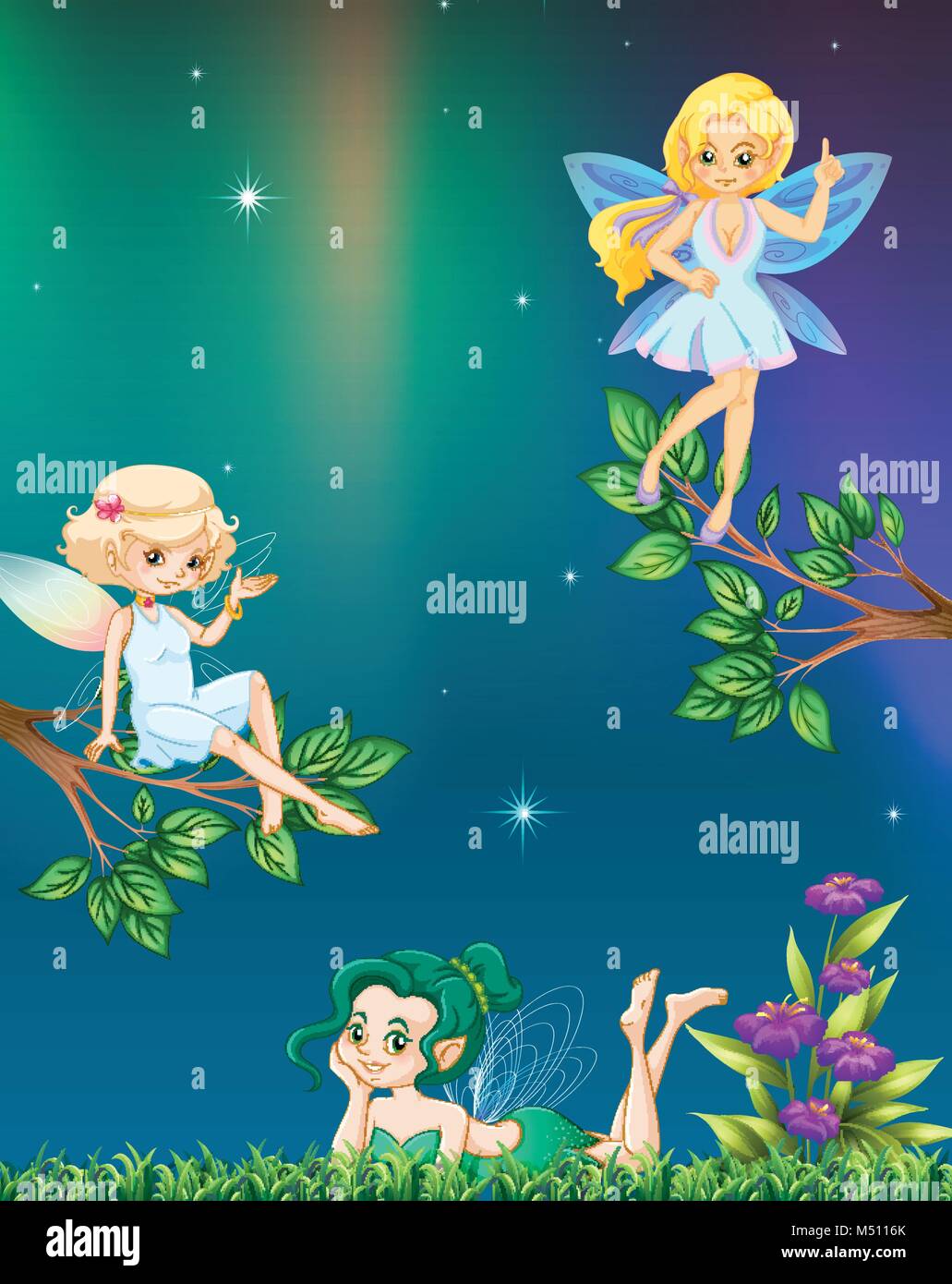 Three fairies flying in garden at night illustration Stock Vector Image ...