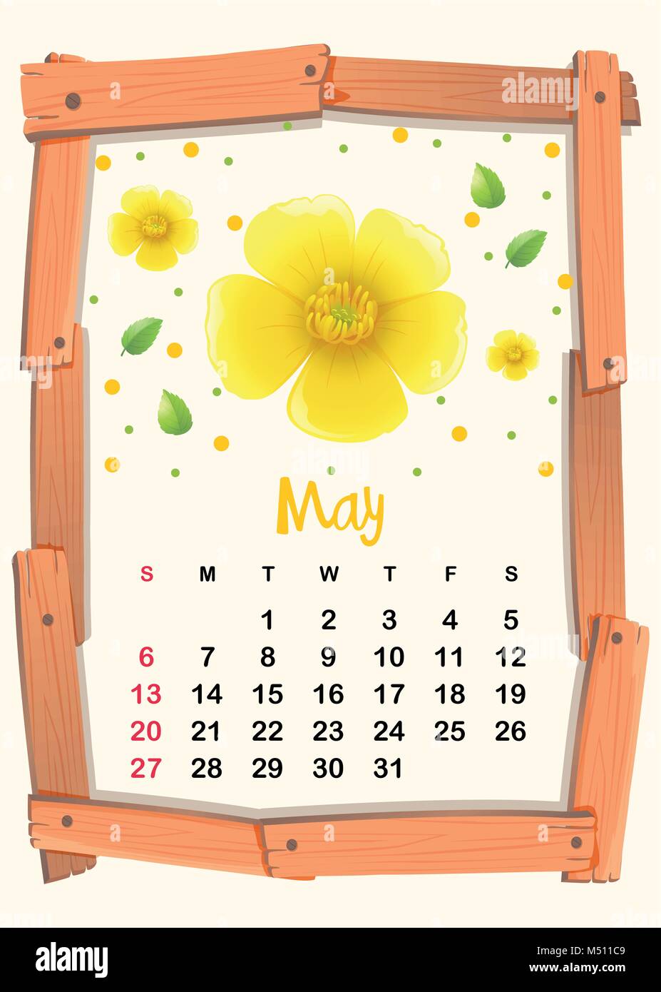 Calendar template with yellow flower for May illustration Stock Vector ...