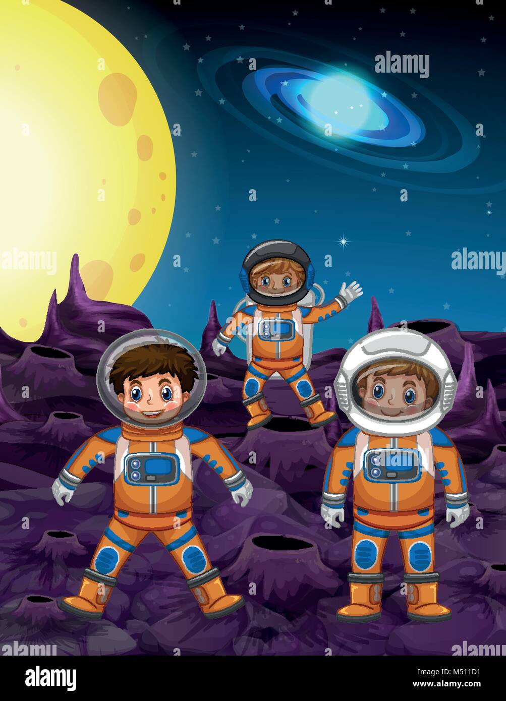 Three astronauts on moon surface illustration Stock Vector Image & Art ...