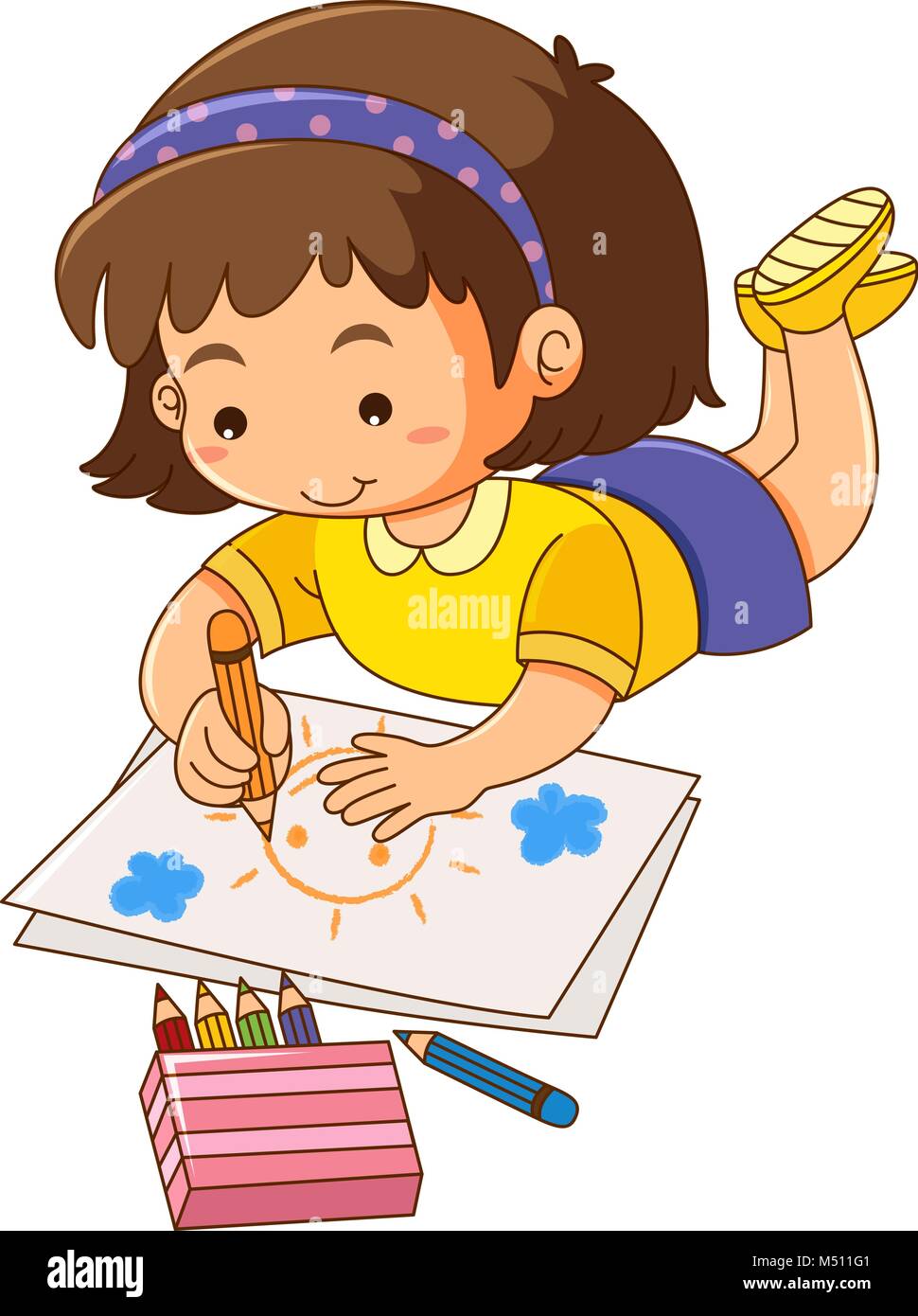 Little girl drawing sun on paper illustration Stock Vector Image & Art ...