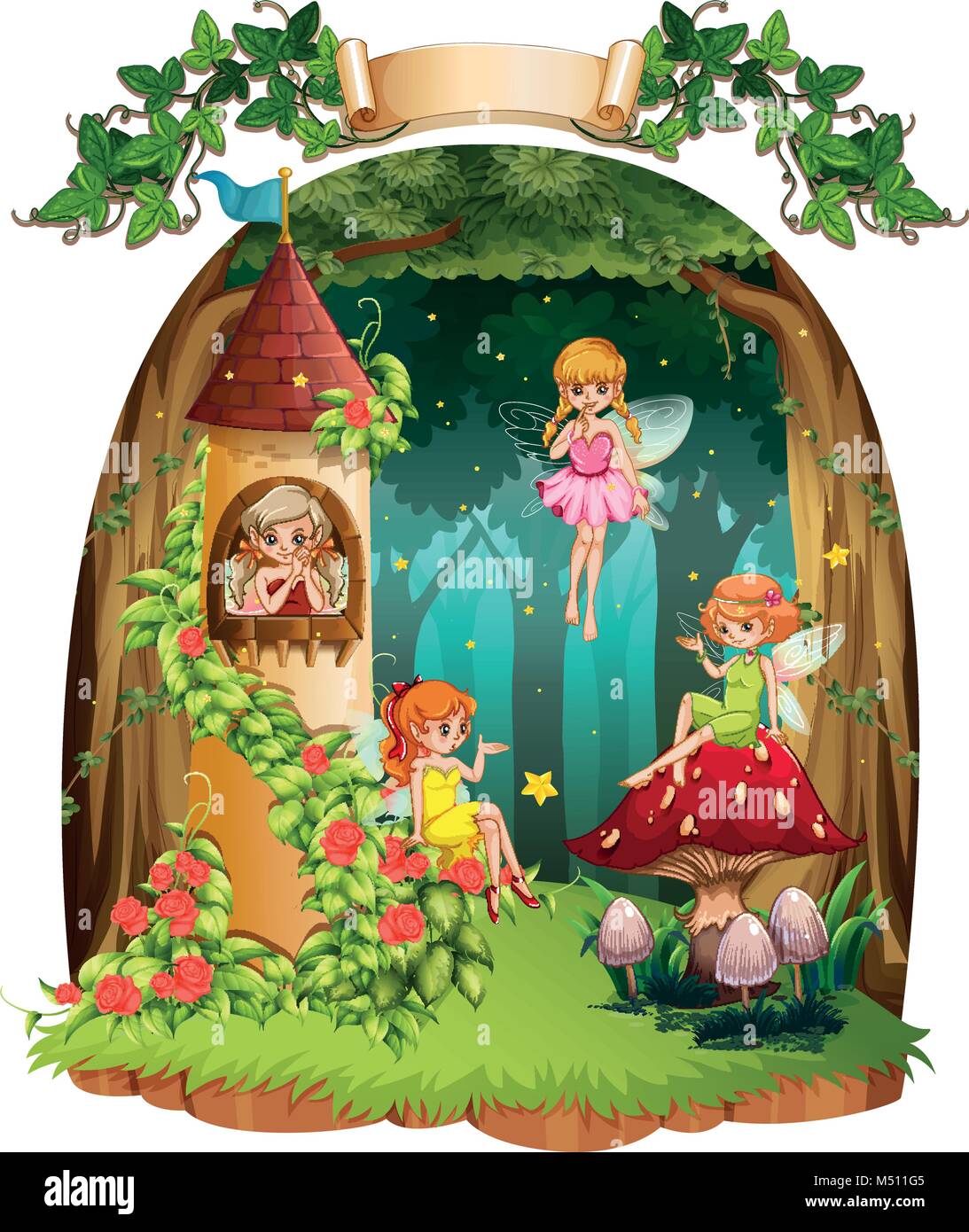 Four fairies flying in the forest illustration Stock Vector Image & Art ...