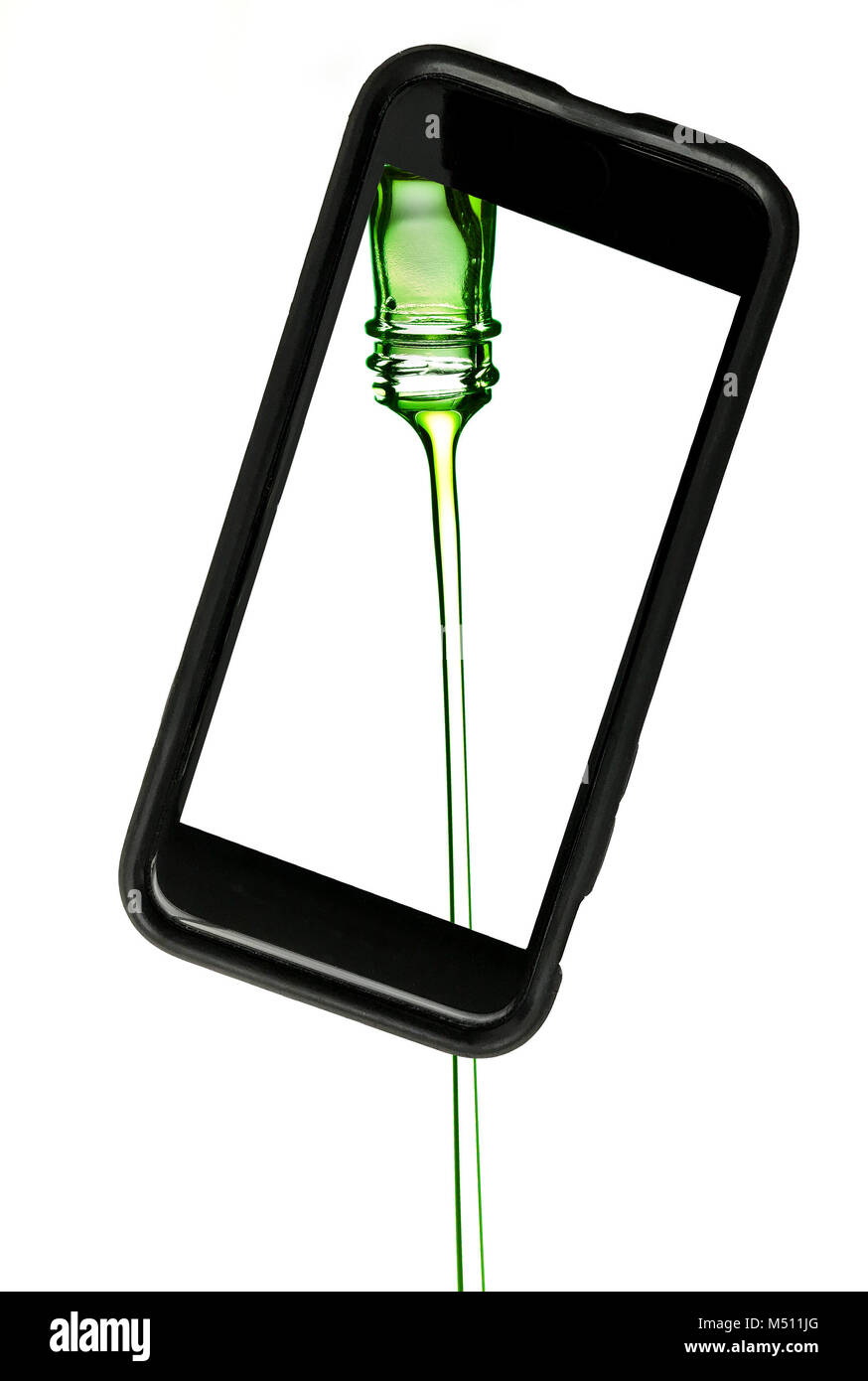 Green liquid stream from glass bottle in phone screen on white ...