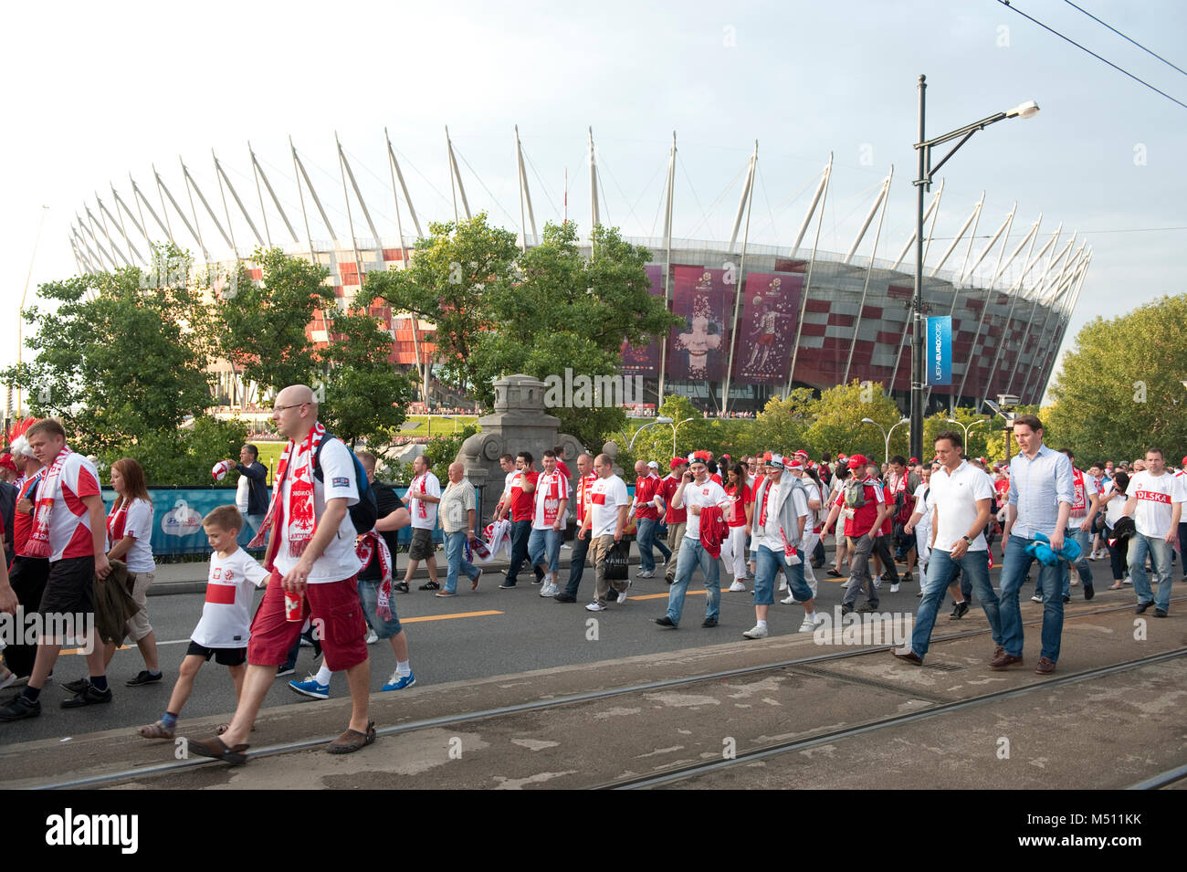 Euro 2012. National Stadium in Warsaw, Poland. Polish fans leaving ...