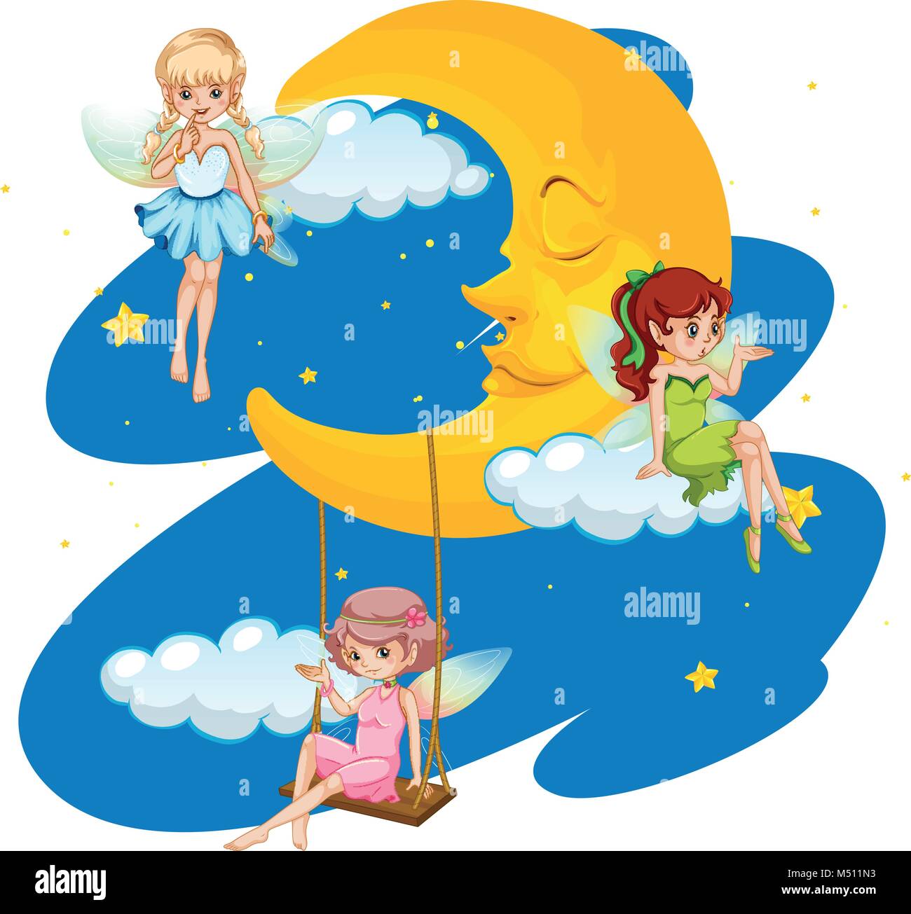 Three fairies flying in sky at nighttime illustration Stock Vector ...