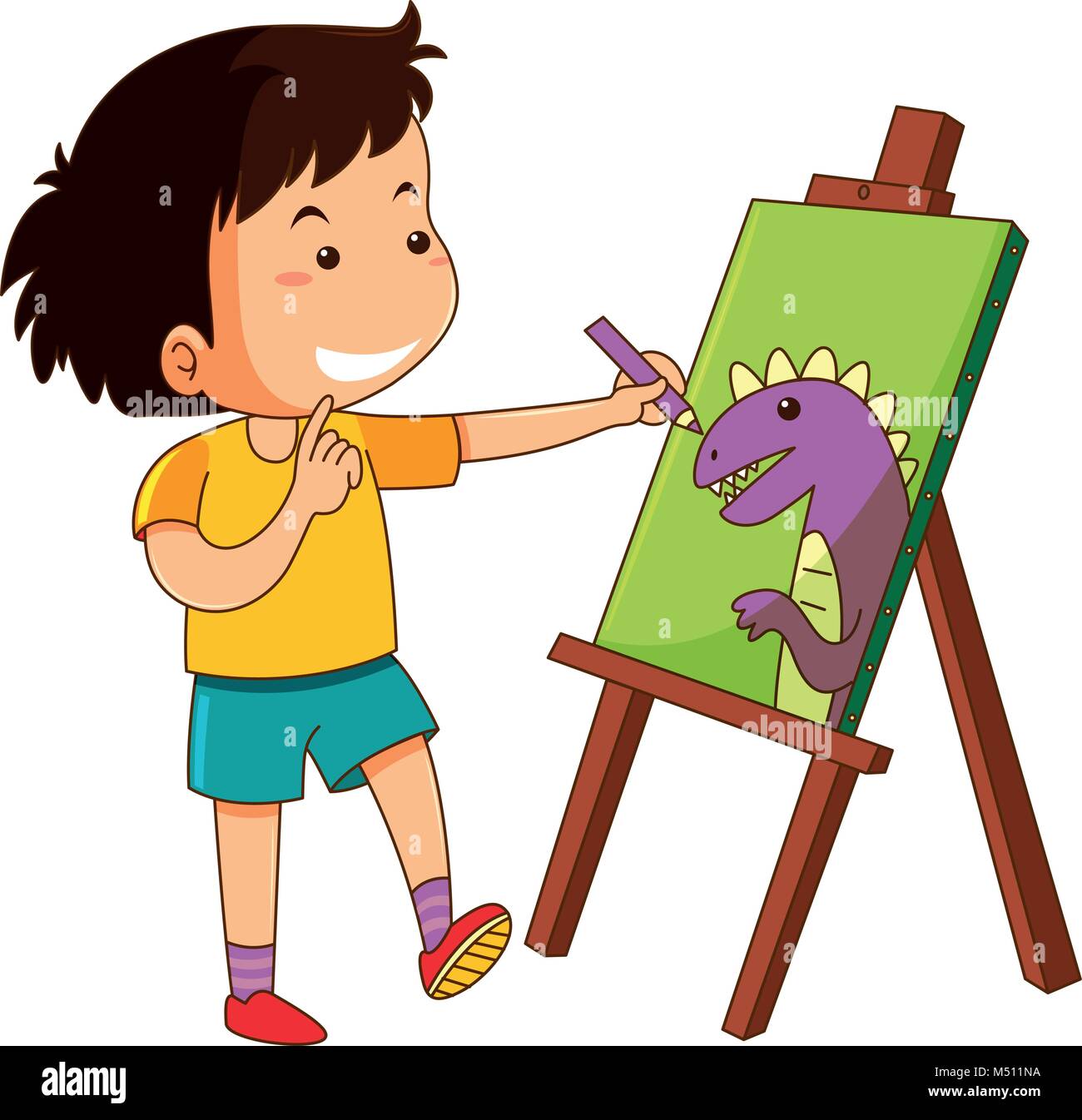 Little boy drawing dinosaur on canvas illustration Stock Vector Image ...