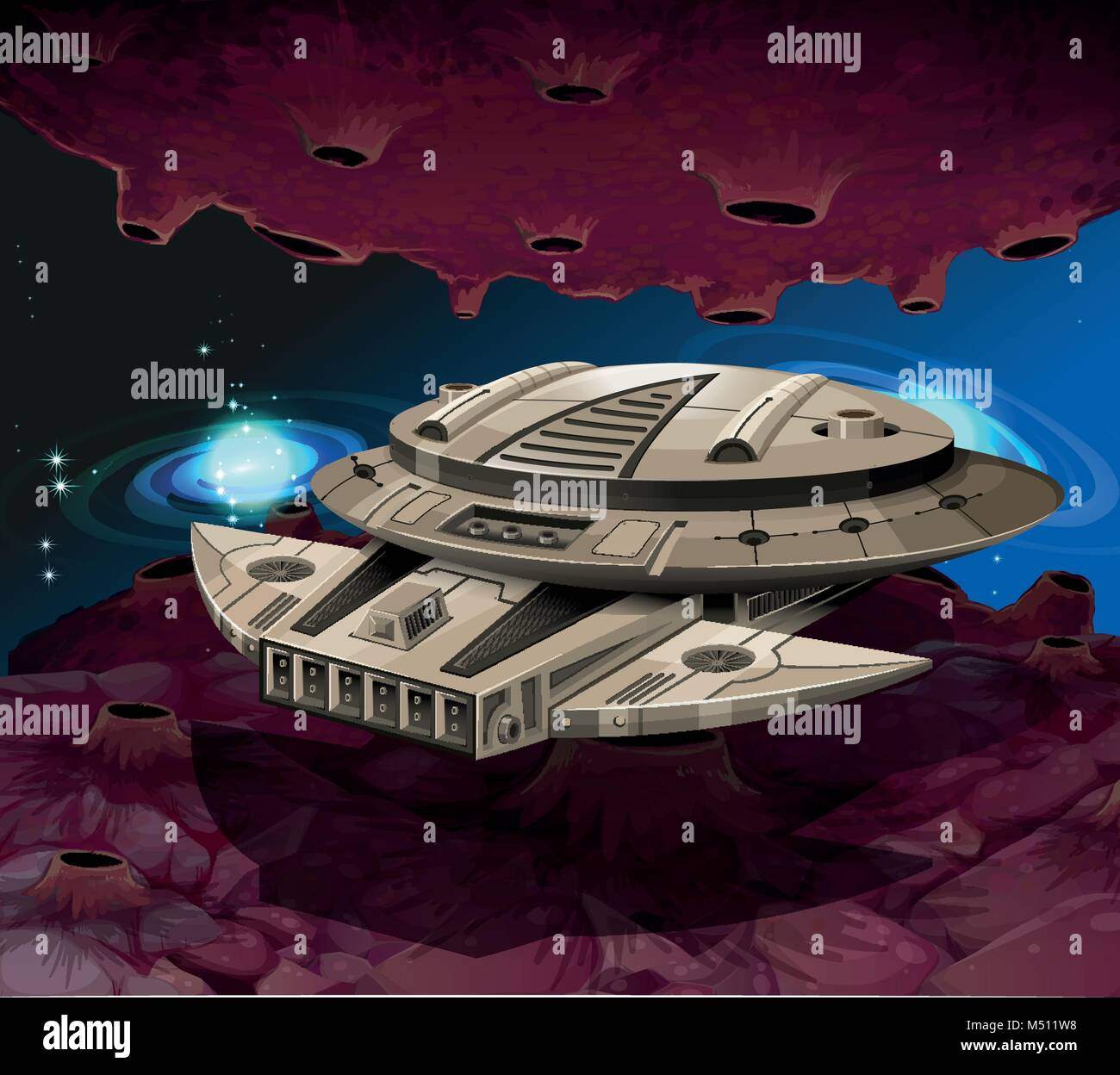 Round spaceship flying in the galaxy illustration Stock Vector Image ...