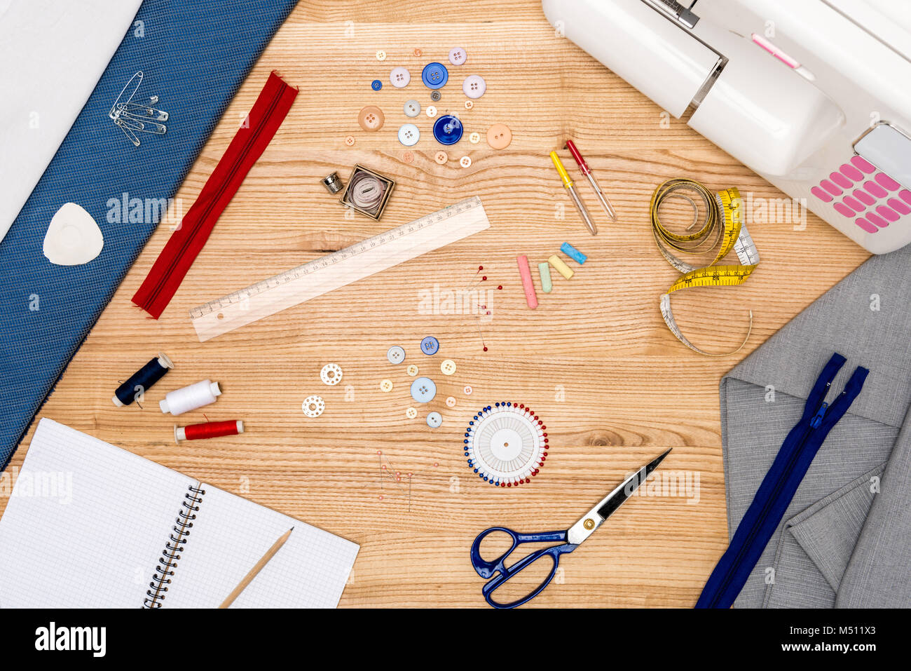 variety of equipment for tailoring on table Stock Photo - Alamy