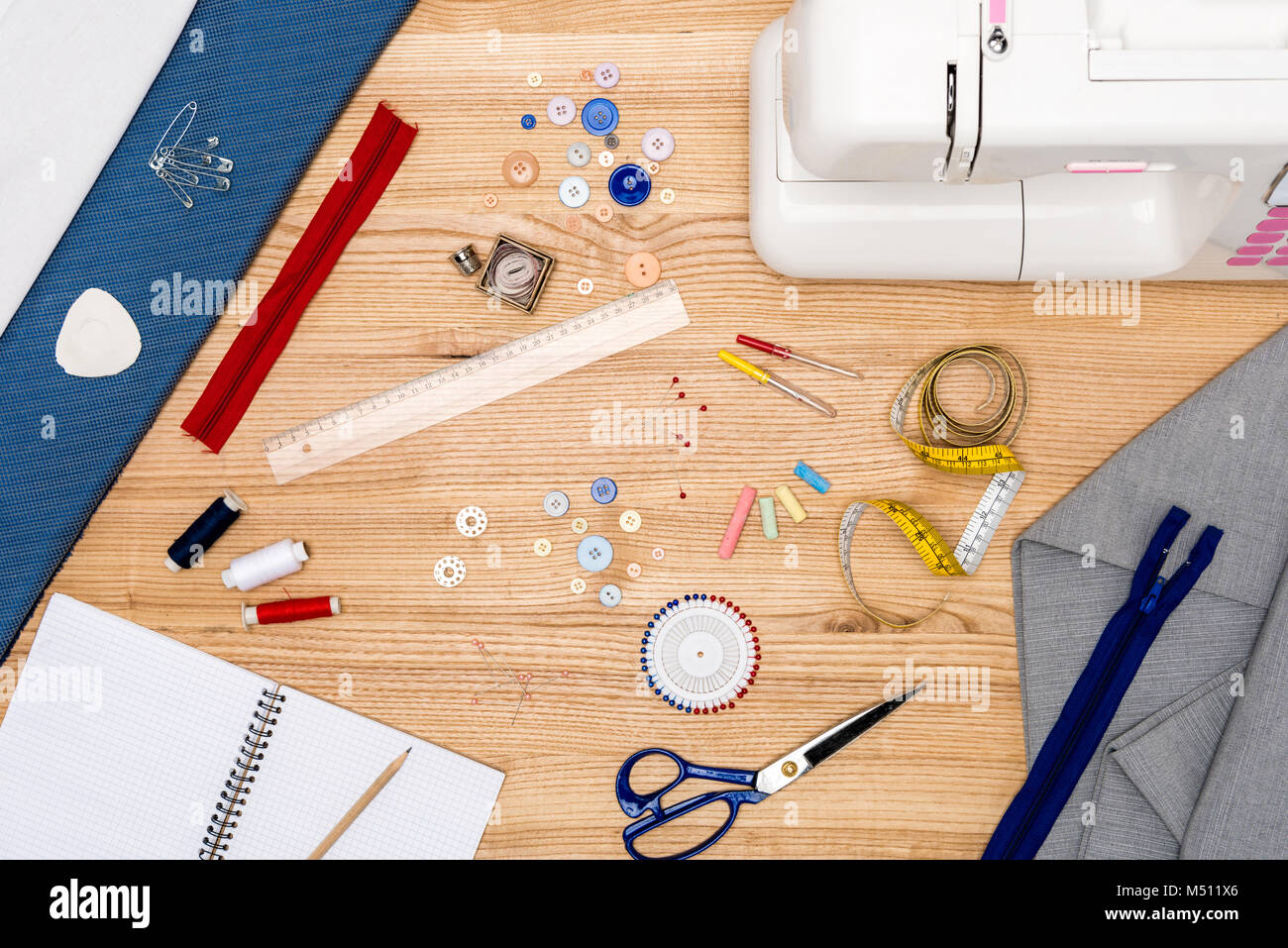 variety of equipment for tailoring on table Stock Photo - Alamy