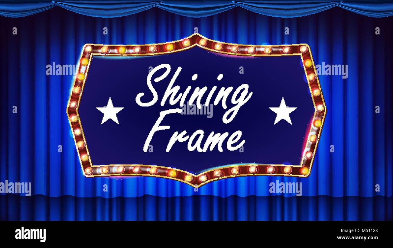 Blue Theater Curtain With Gold Frame Vector. Blue Background And Light ...