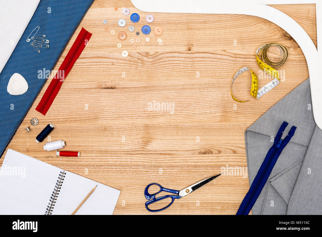 various tailoring equipment on table Stock Photo - Alamy