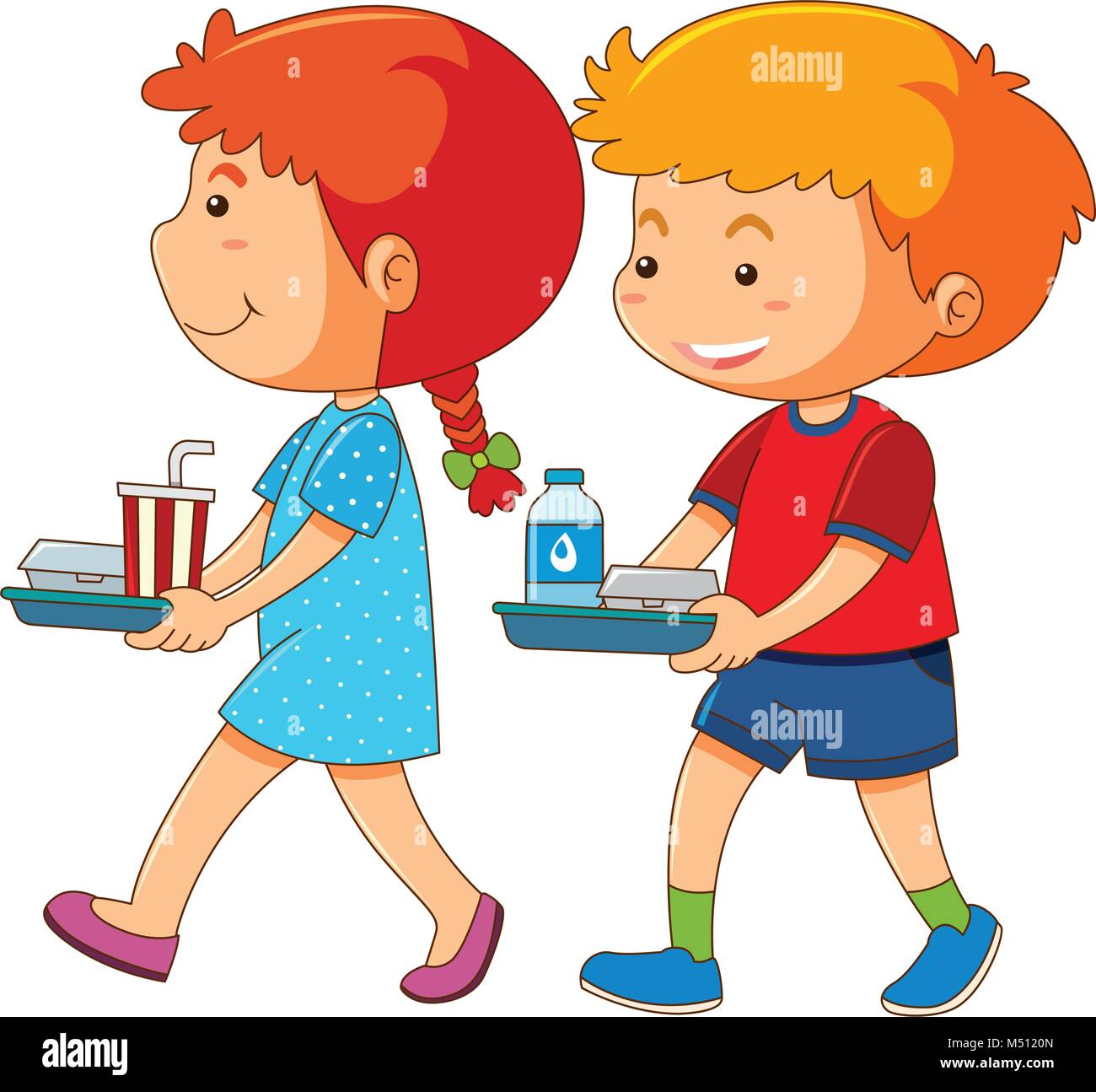 Boy and girl holding tray of food illustration Stock Vector Image & Art ...