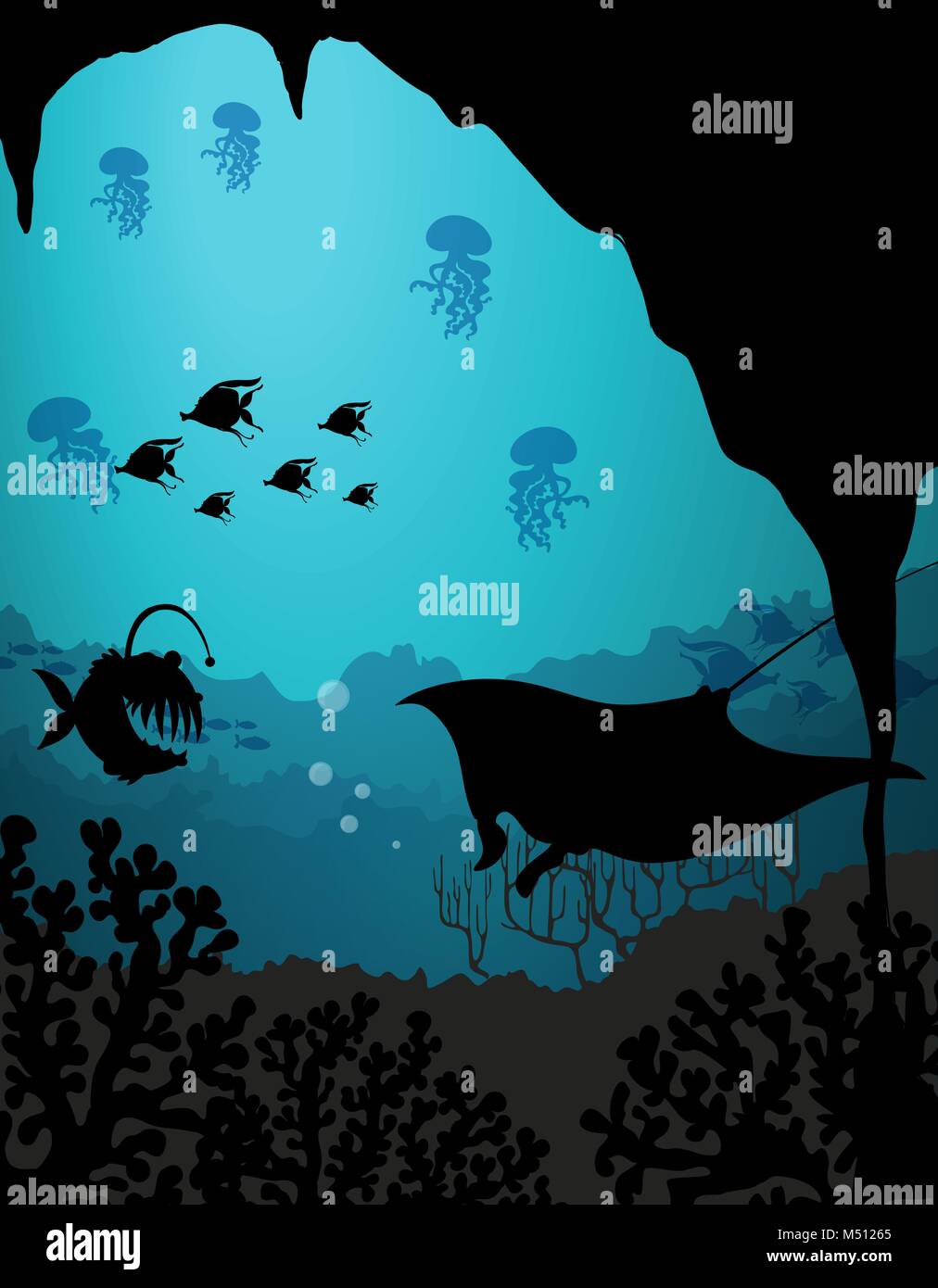 Silhouette scene with sea creatures underwater illustration Stock ...