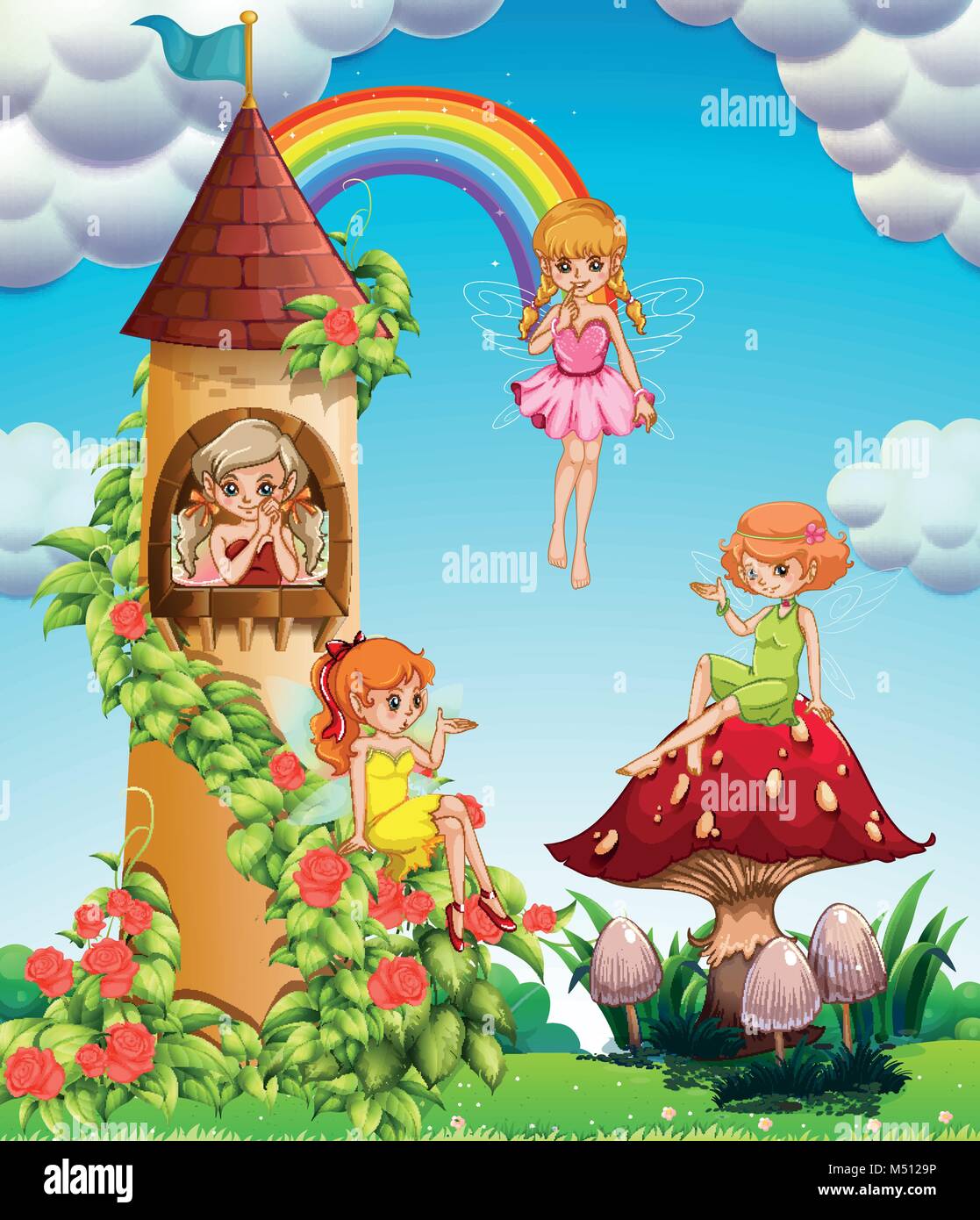 Four fairies flying in garden at day time illustration Stock Vector ...