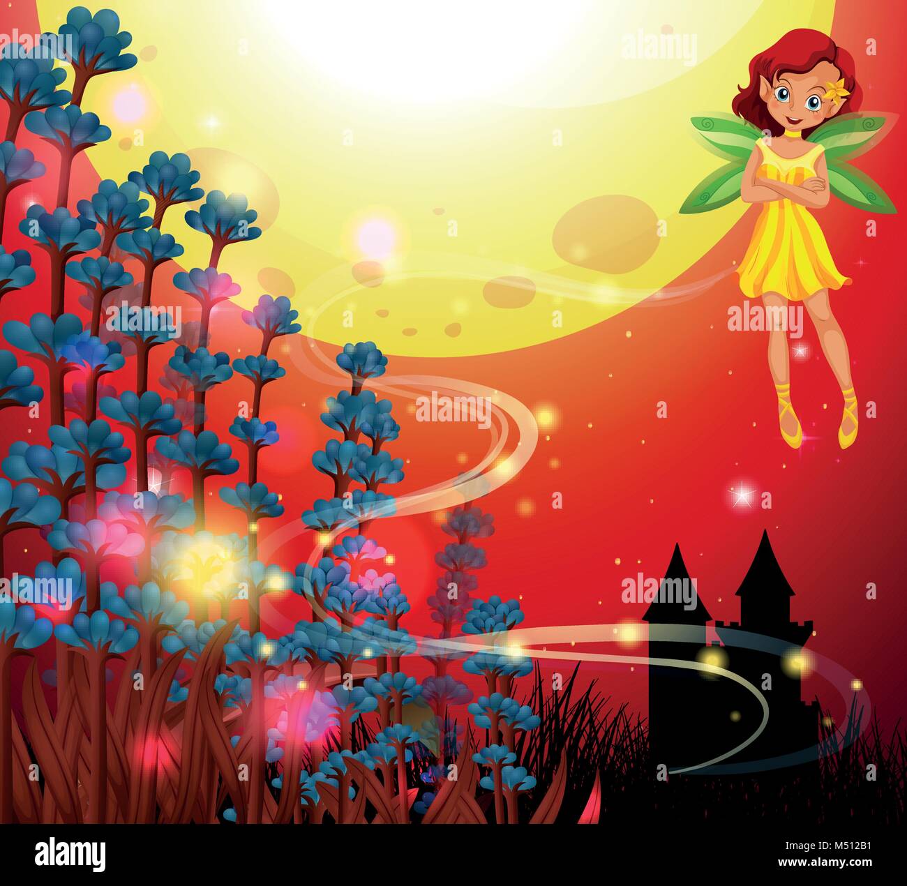 Cute fairy flying in garden with red sky in background illustration ...