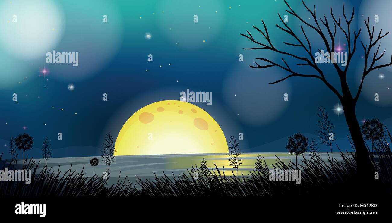 Night scene with moon and lake illustration Stock Vector Image & Art ...